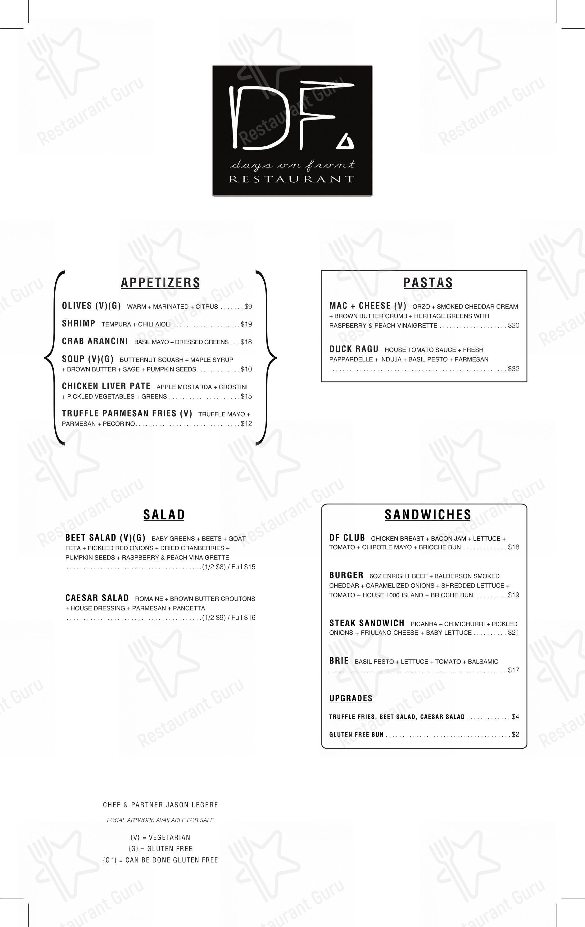 Menu at Days on Front restaurant, Kingston