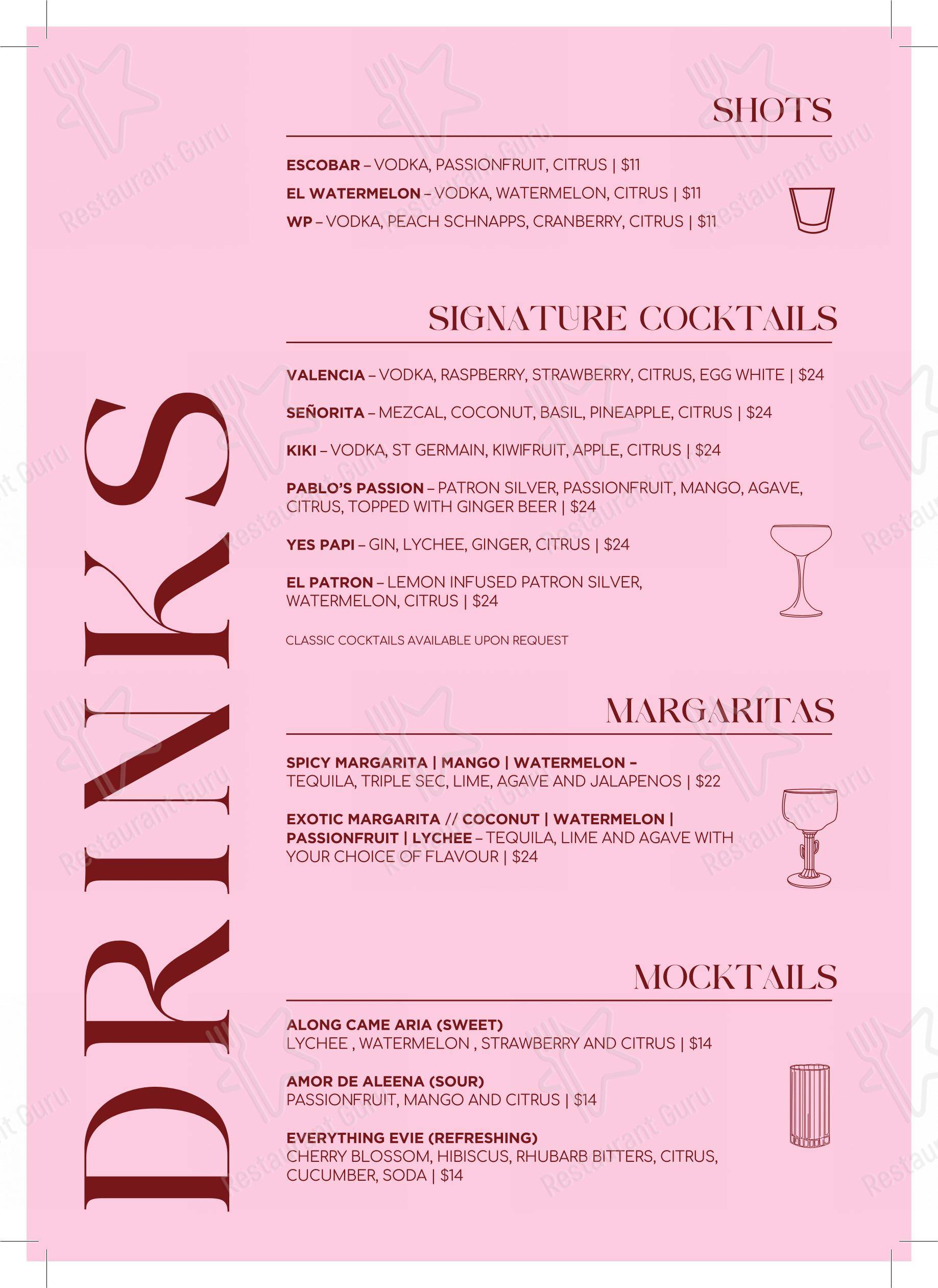Carta de El Patron Bar & Restaurant, Gregory Hills