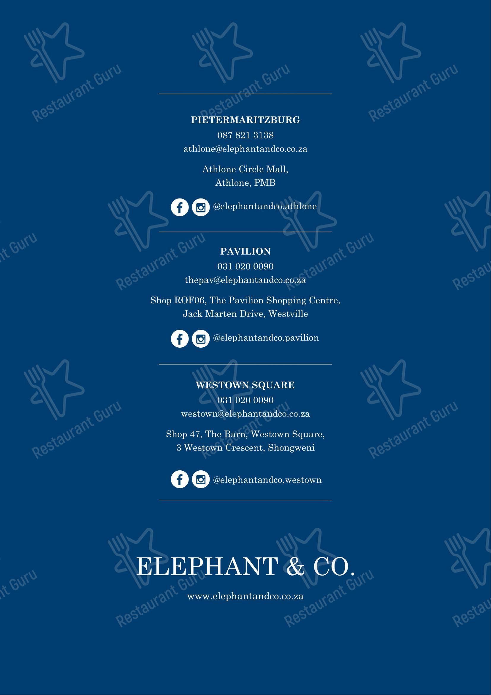 Menu at Elephant & Co Athlone restaurant, Pietermaritzburg, Athlone Circle