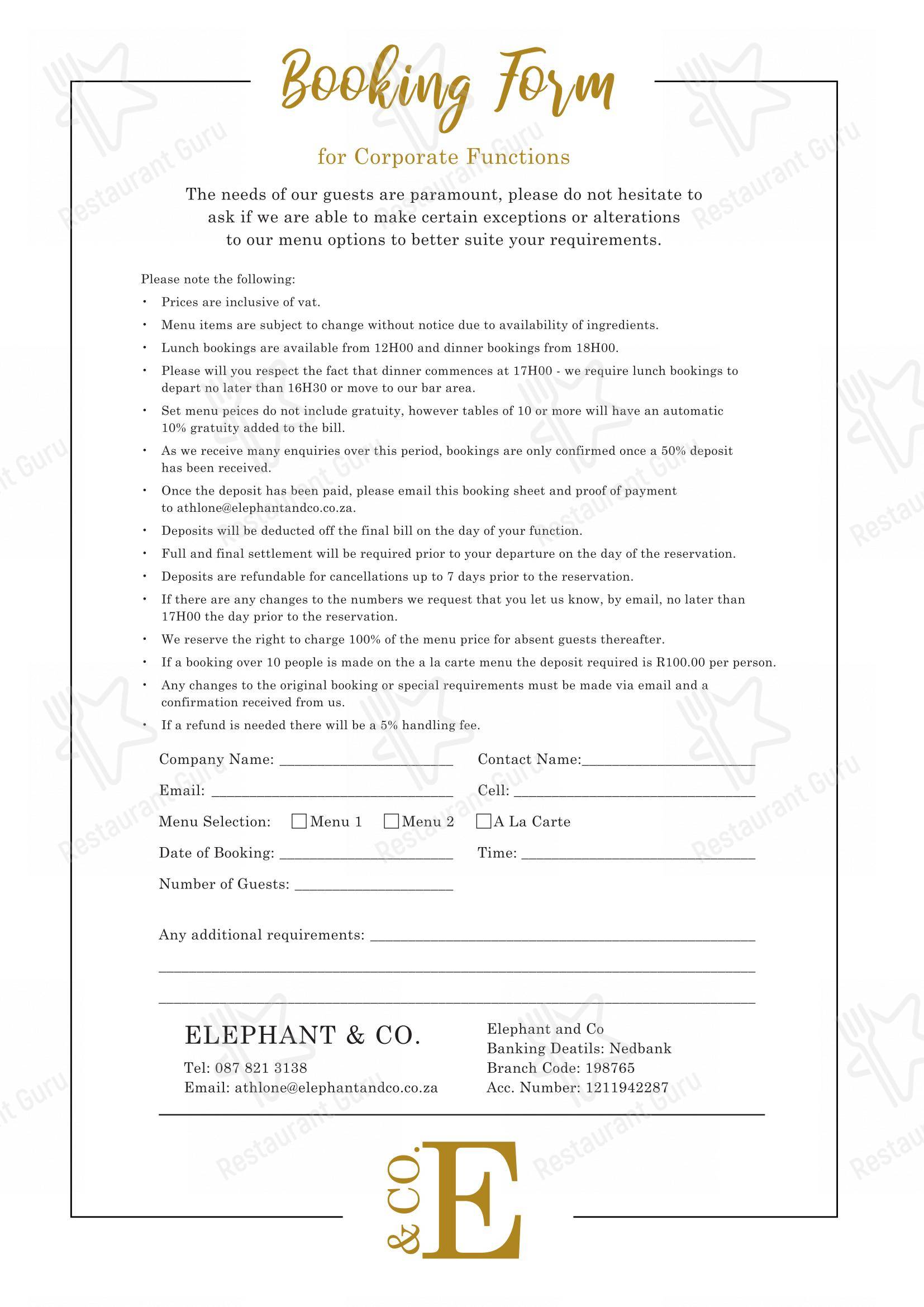 Menu at Elephant & Co Athlone restaurant, Pietermaritzburg, Athlone Circle