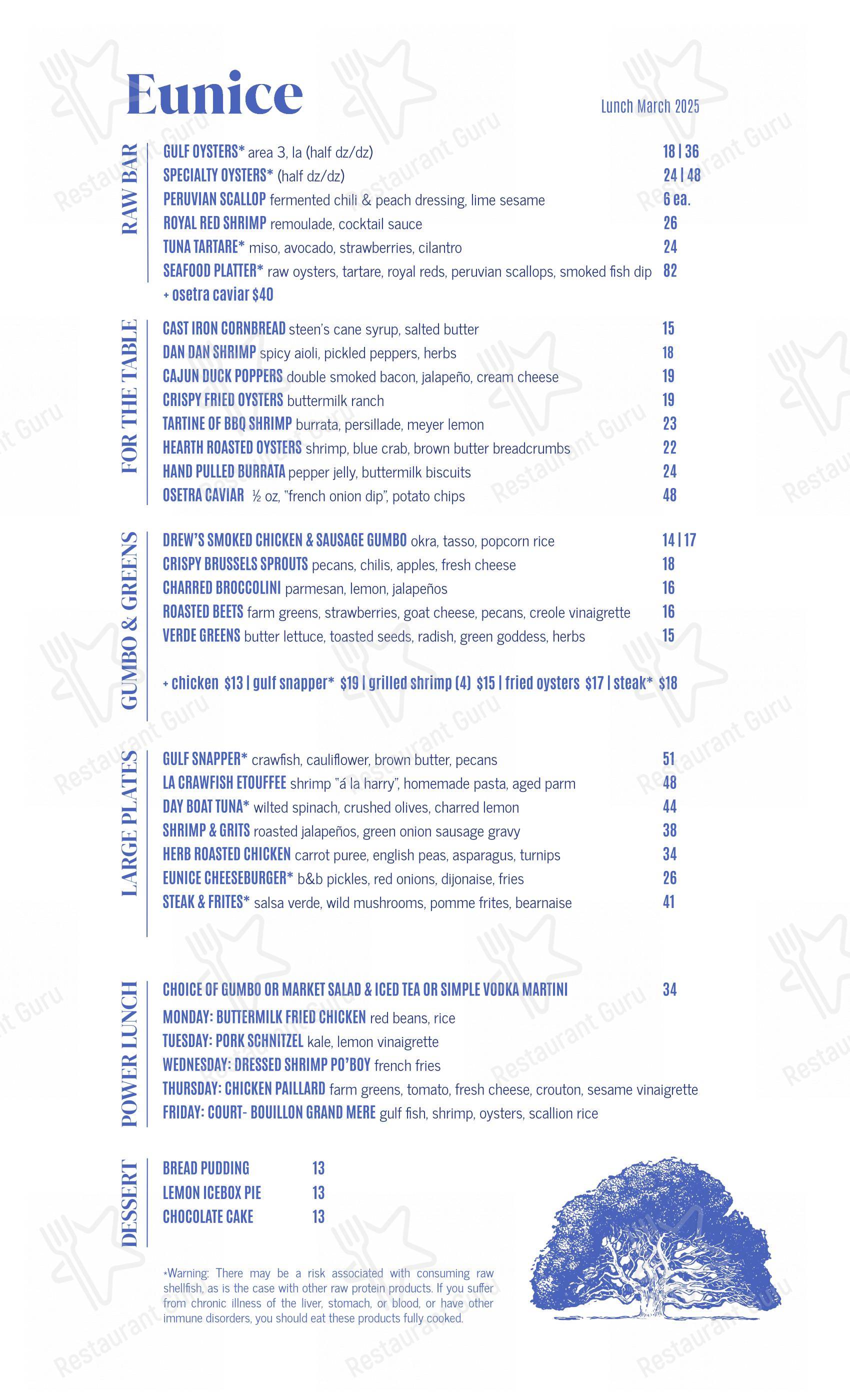 Menu at Eunice restaurant, Houston