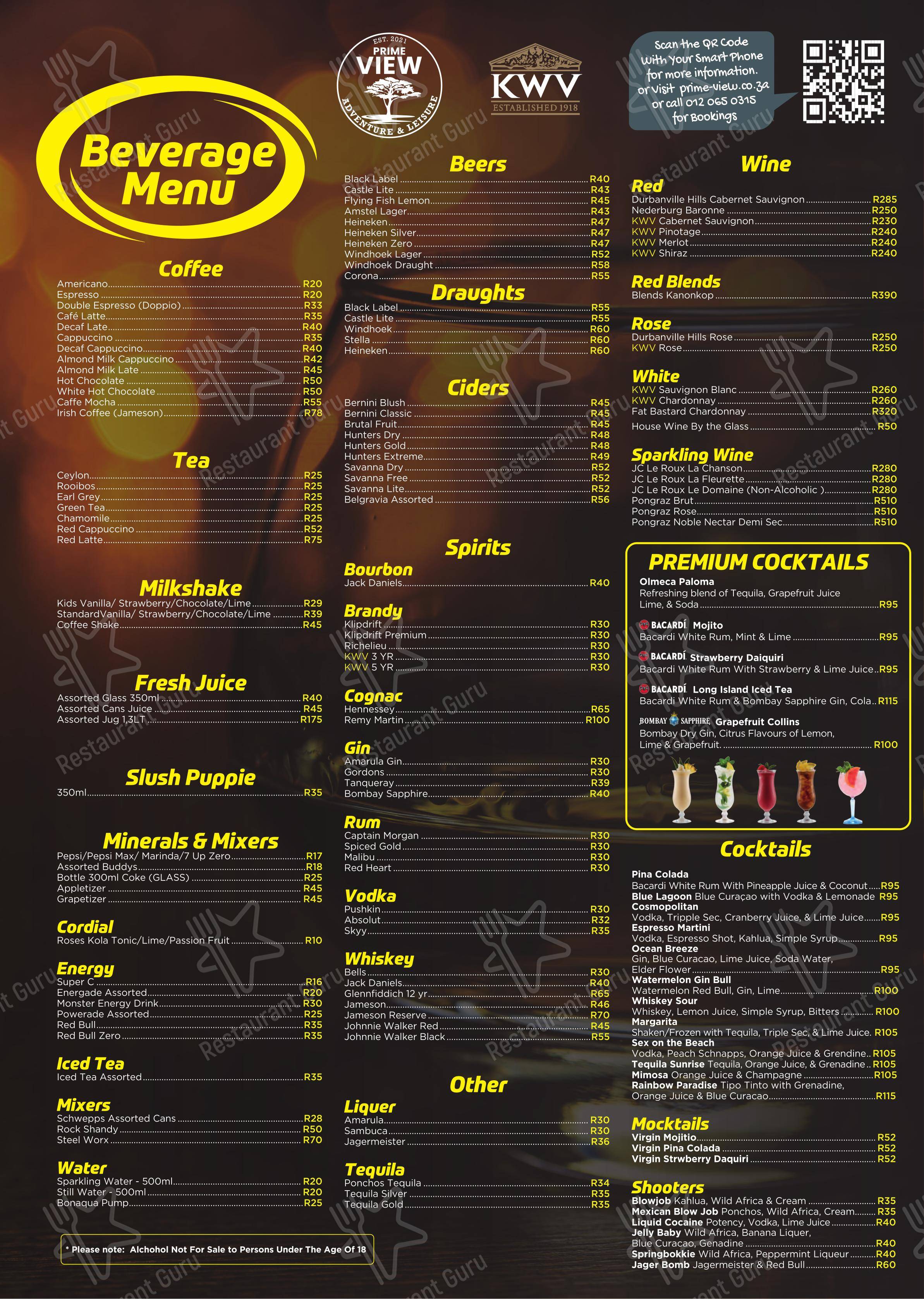 Menu au Grande View Restaurant, Olifantsfontein