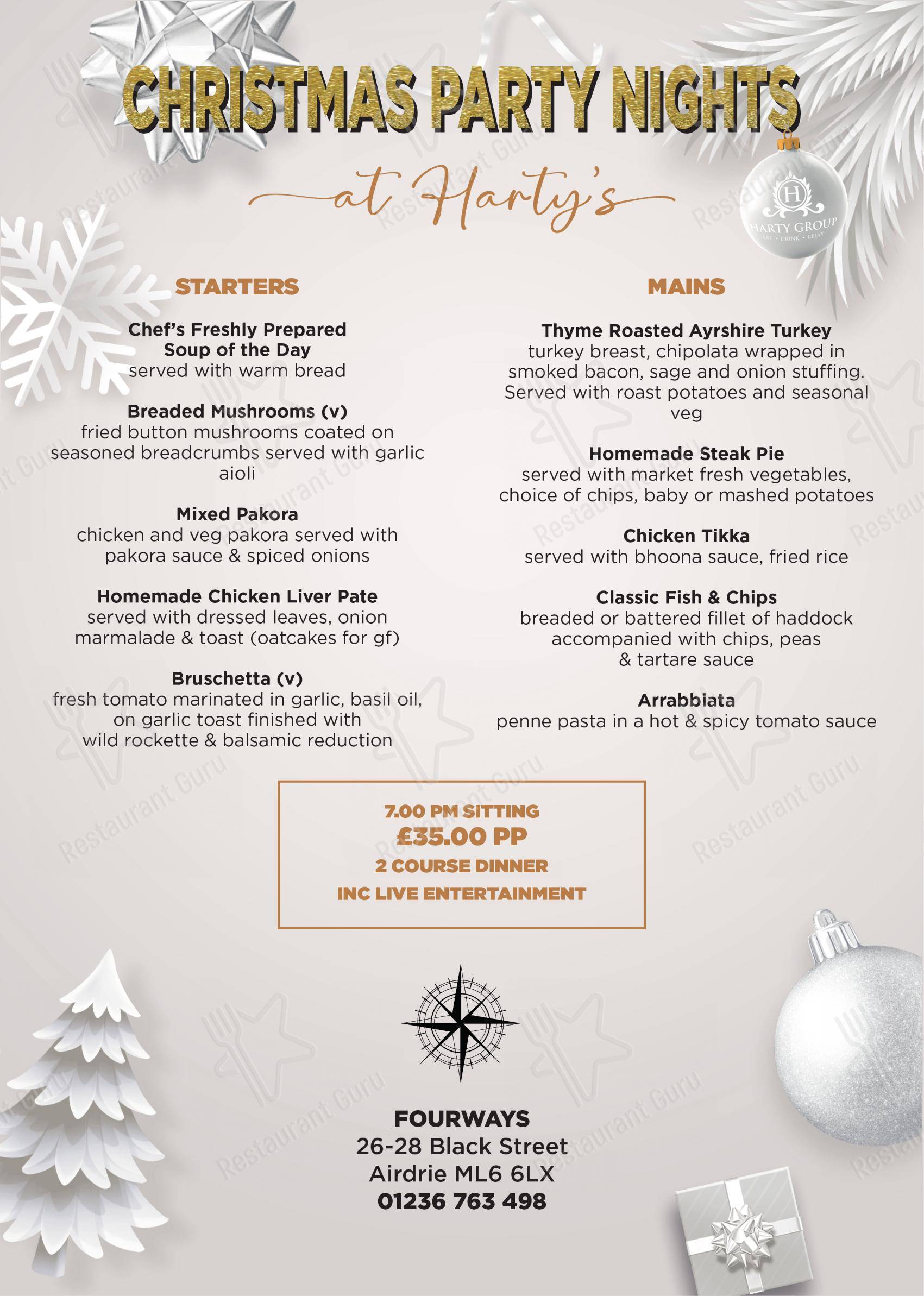 Menu at Hartys at the Fourways restaurant, Airdrie