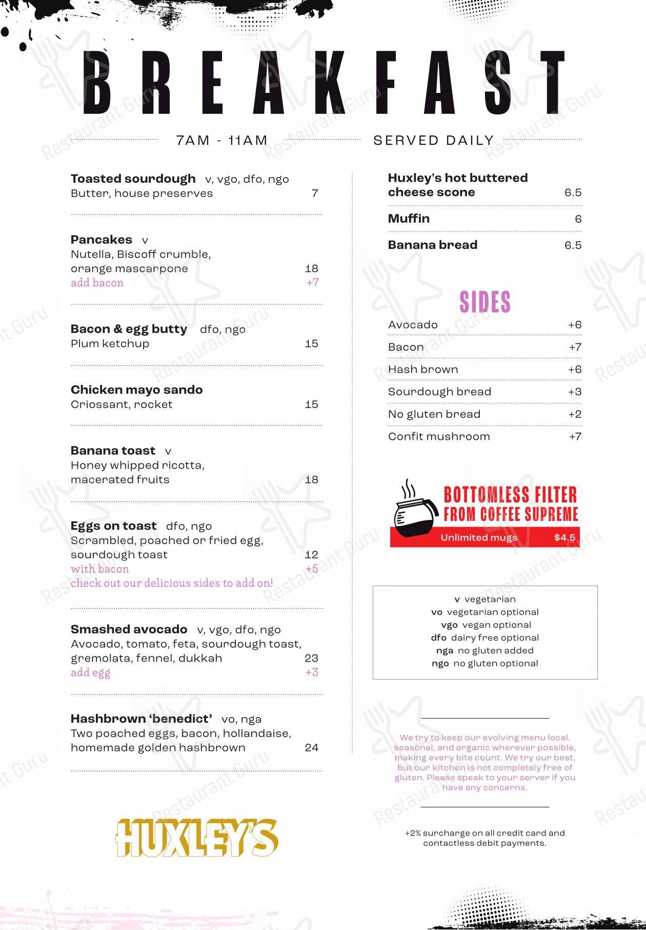 Menu at Huxley's restaurant, Wellington
