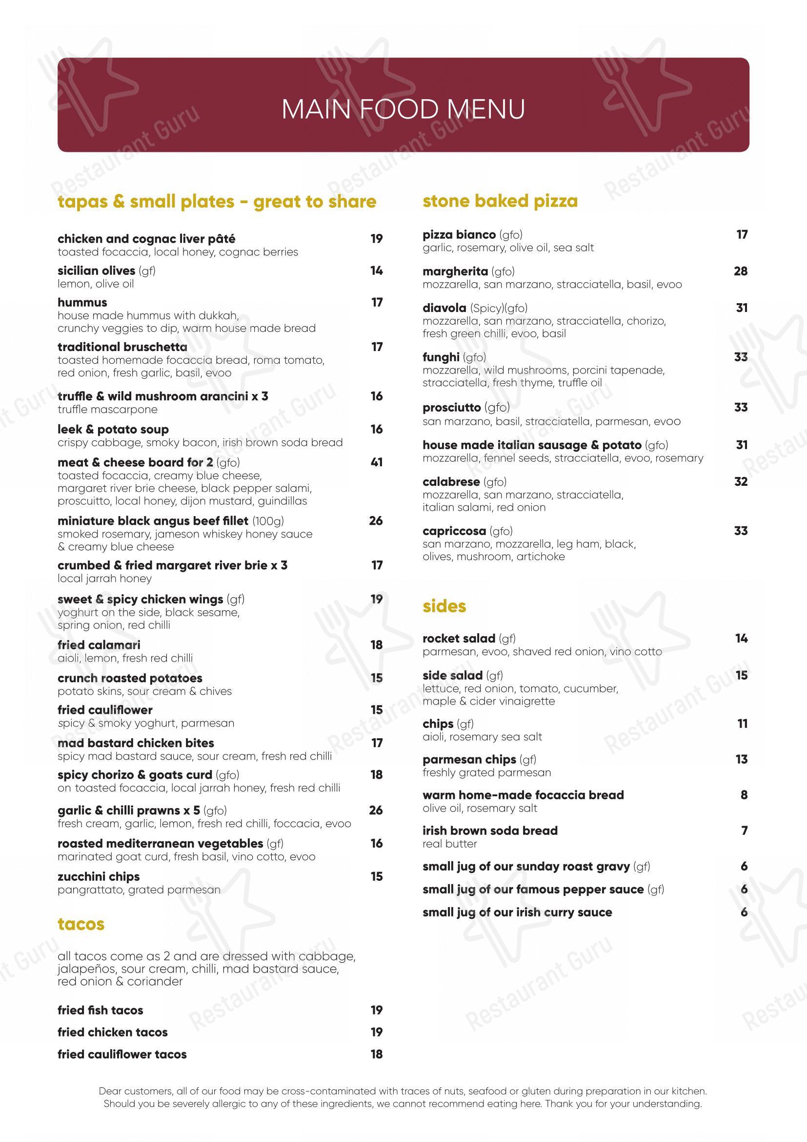 Menu at Jarrah pub & bar, Hillarys