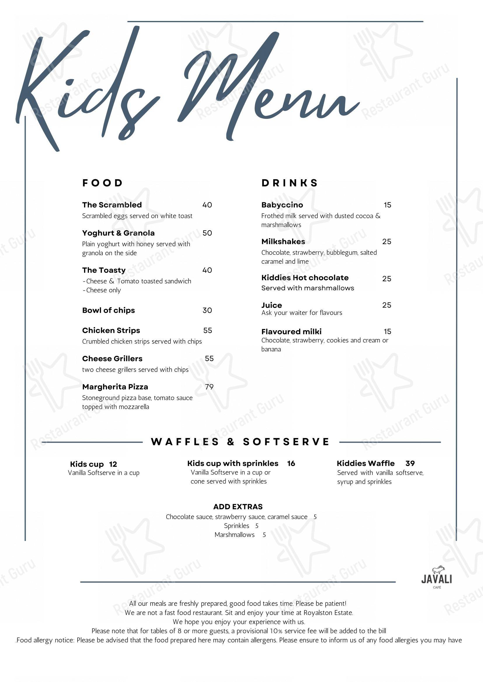 Menu at Javali Café restaurant, South Africa