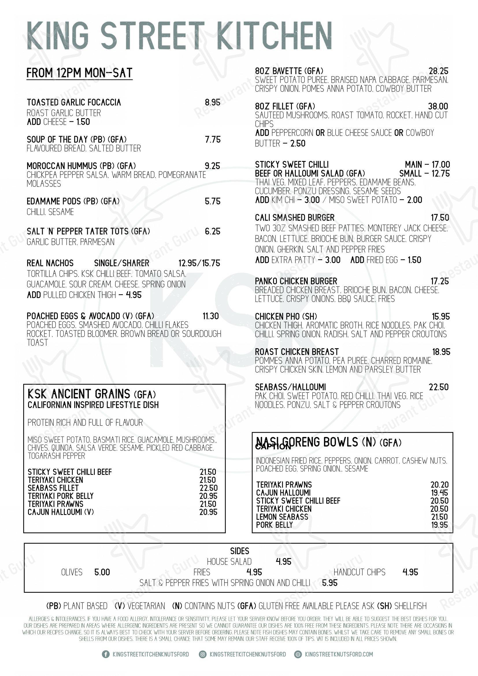 Menu at King Street Kitchen restaurant, Knutsford