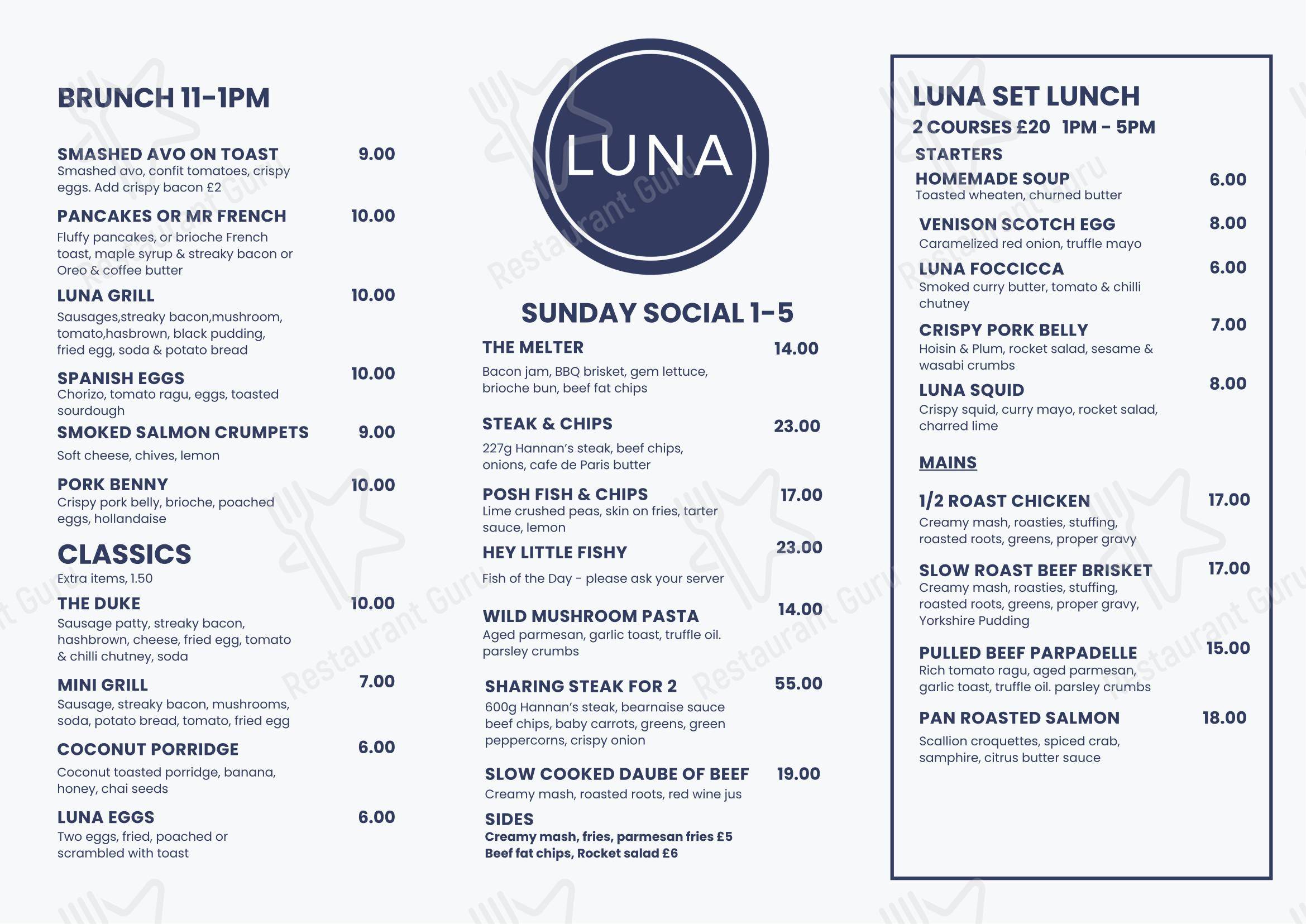 Menu at LUNA restaurant, Carrickfergus