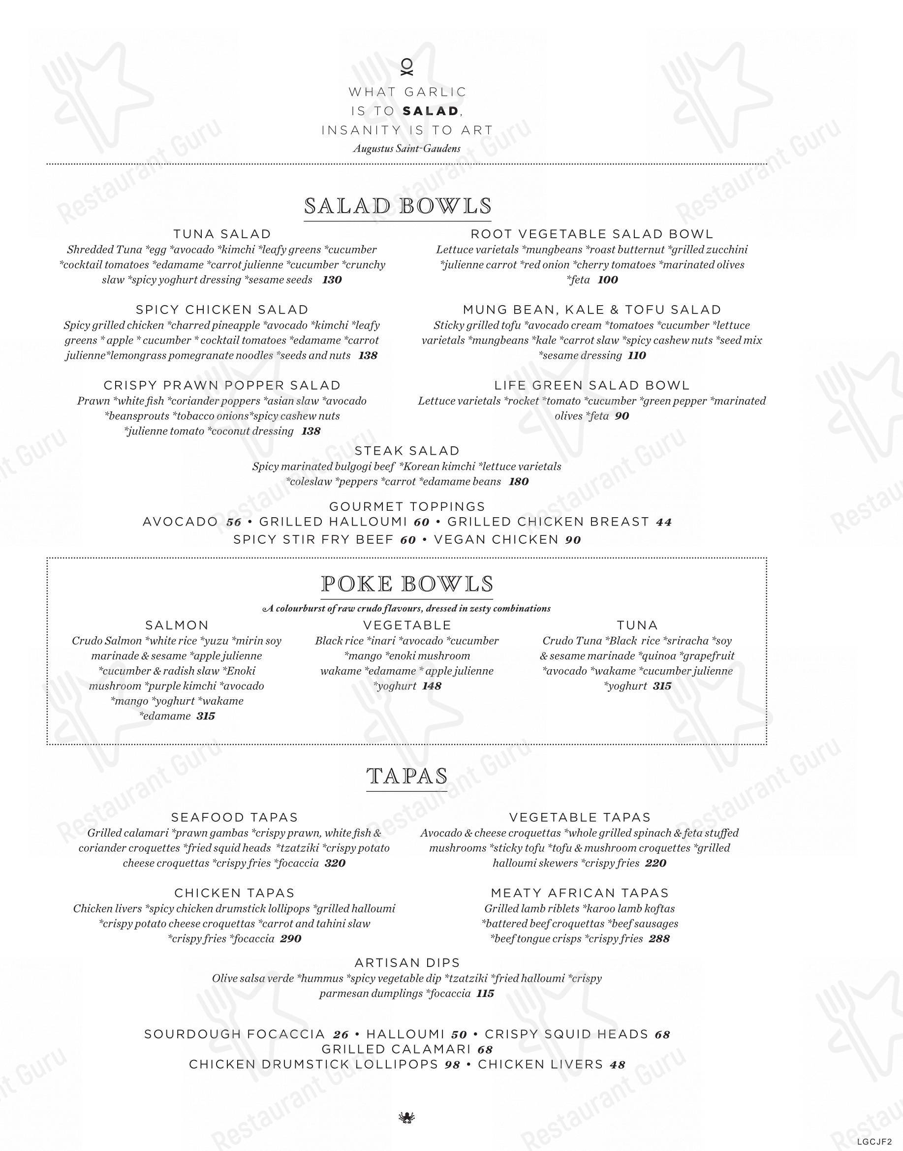 Menu at Life Grand Cafe Waterfront, Cape Town, 2 Pierhead Road