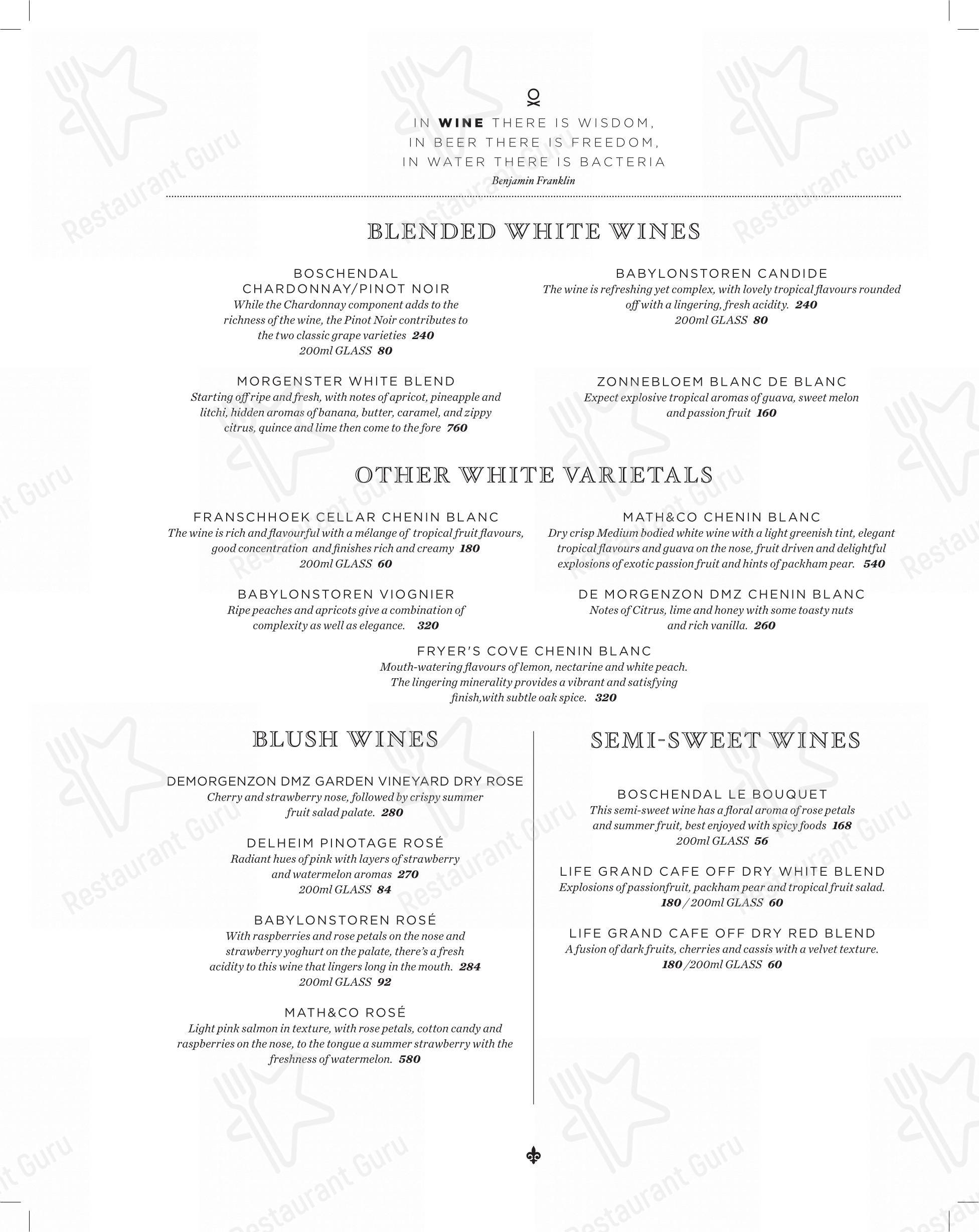 Menu at Life Grand Cafe Waterfront, Cape Town, 2 Pierhead Road