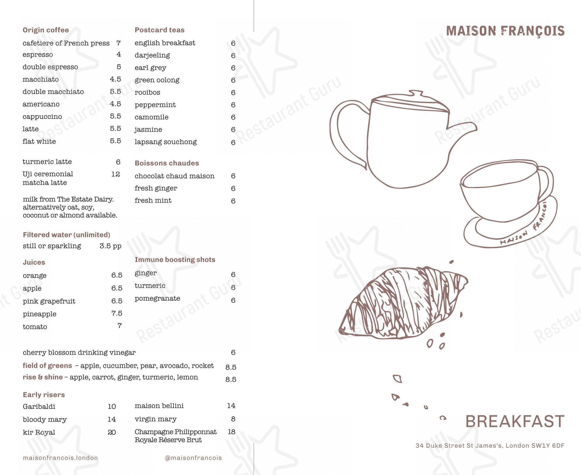 Menu at Maison François restaurant, London