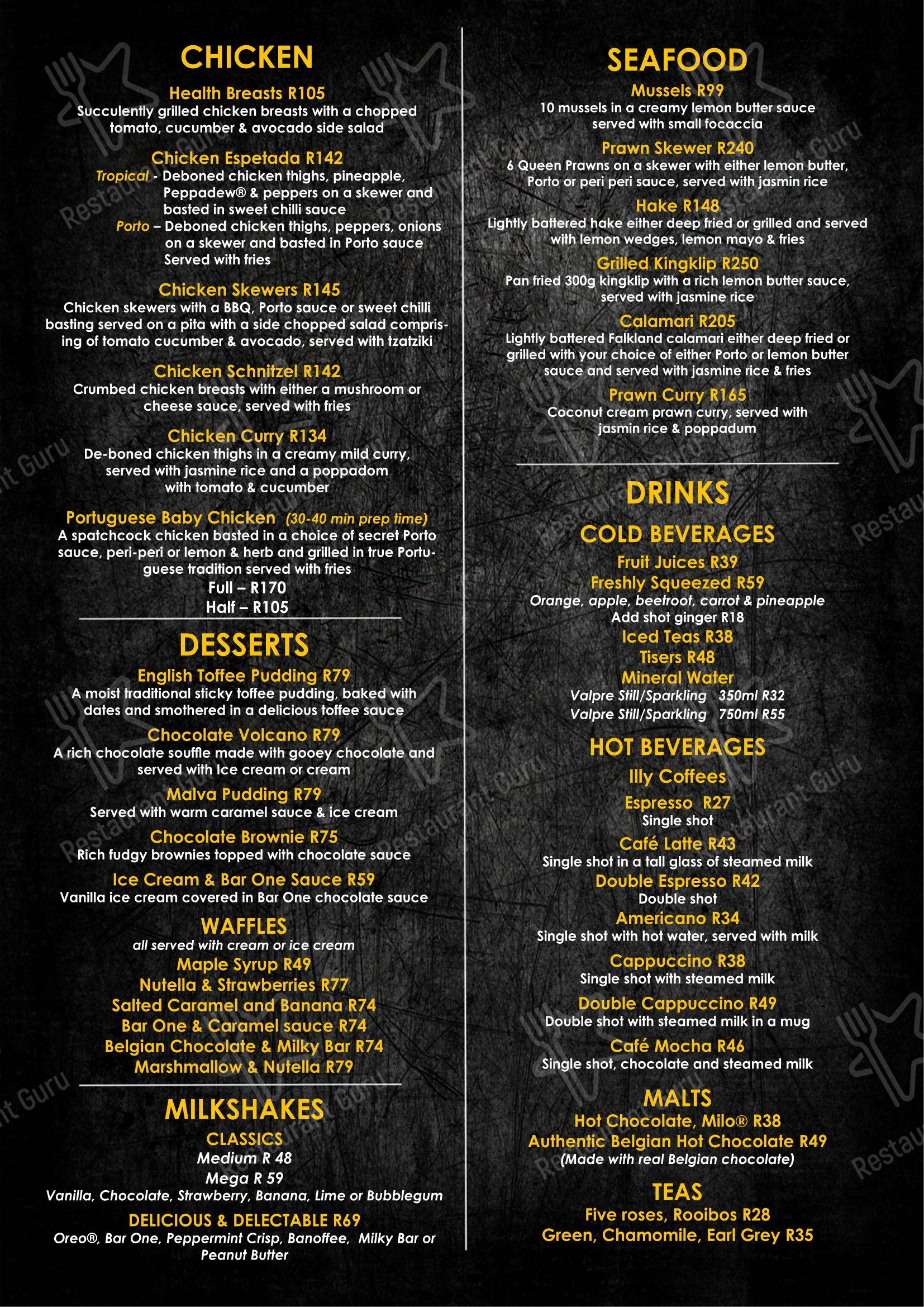Menu at Malt Barrel and Fire, Pretoria