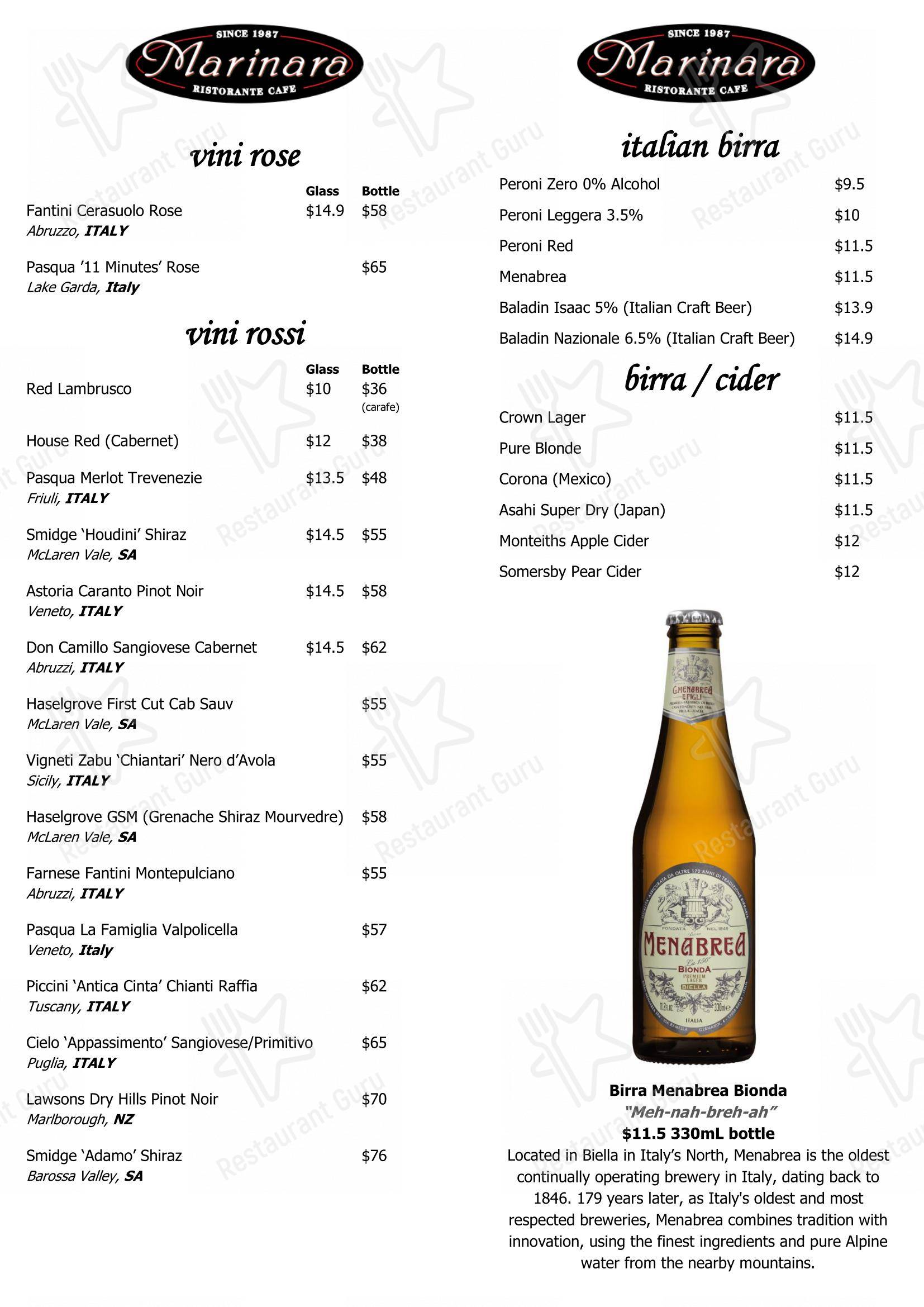 Menu at Marinara Restaurant Clayfield, Clayfield