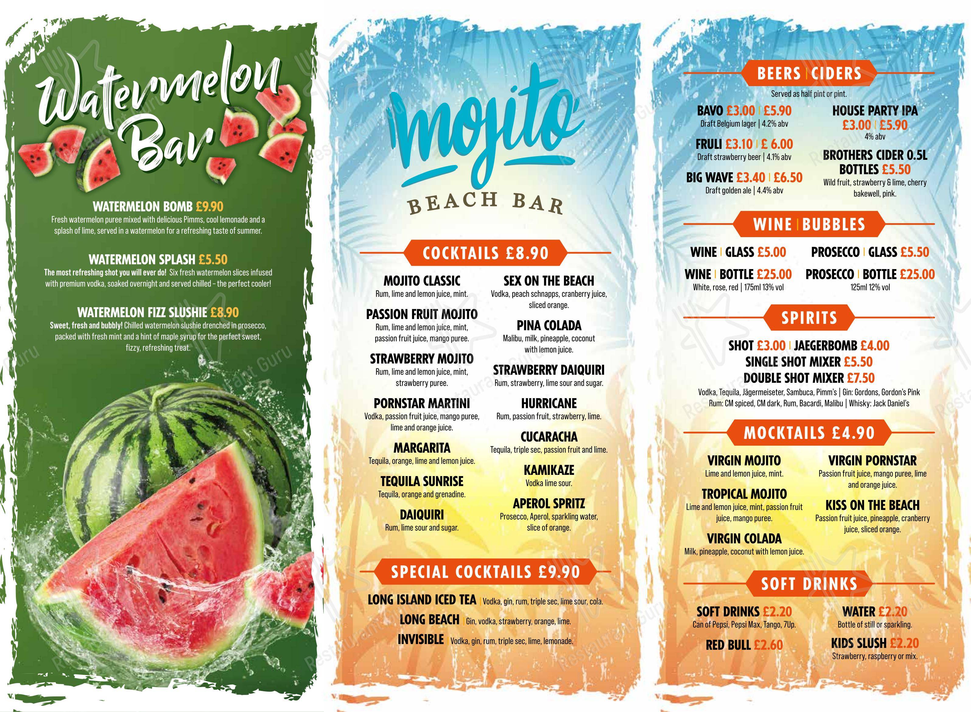 Menu at Mojito Beach Bar, Birmingham
