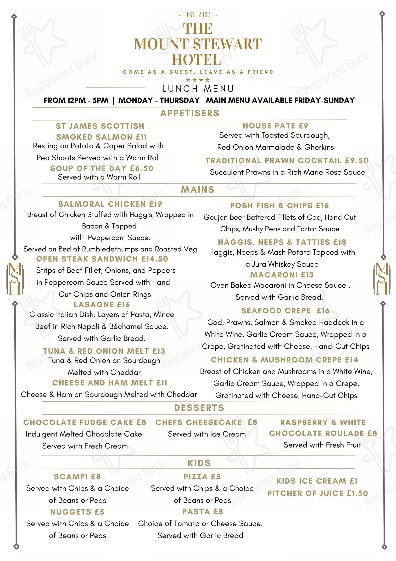 Menu at Mount Stewart Hotel pub & bar, Portpatrick
