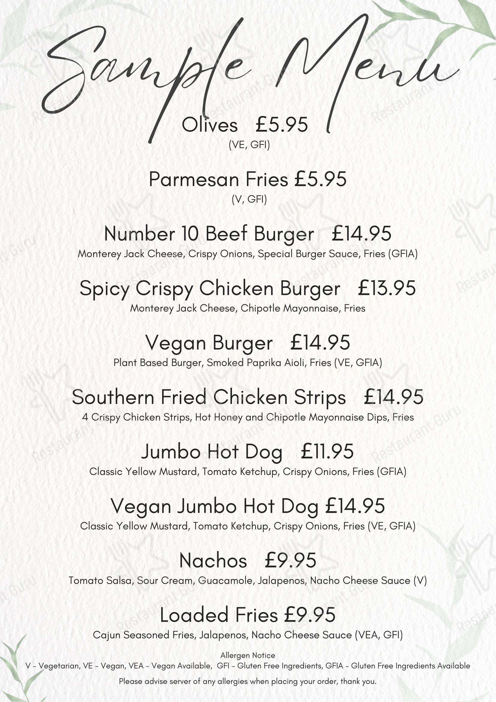 Menu at Number 10 Hotel pub & bar, Glasgow