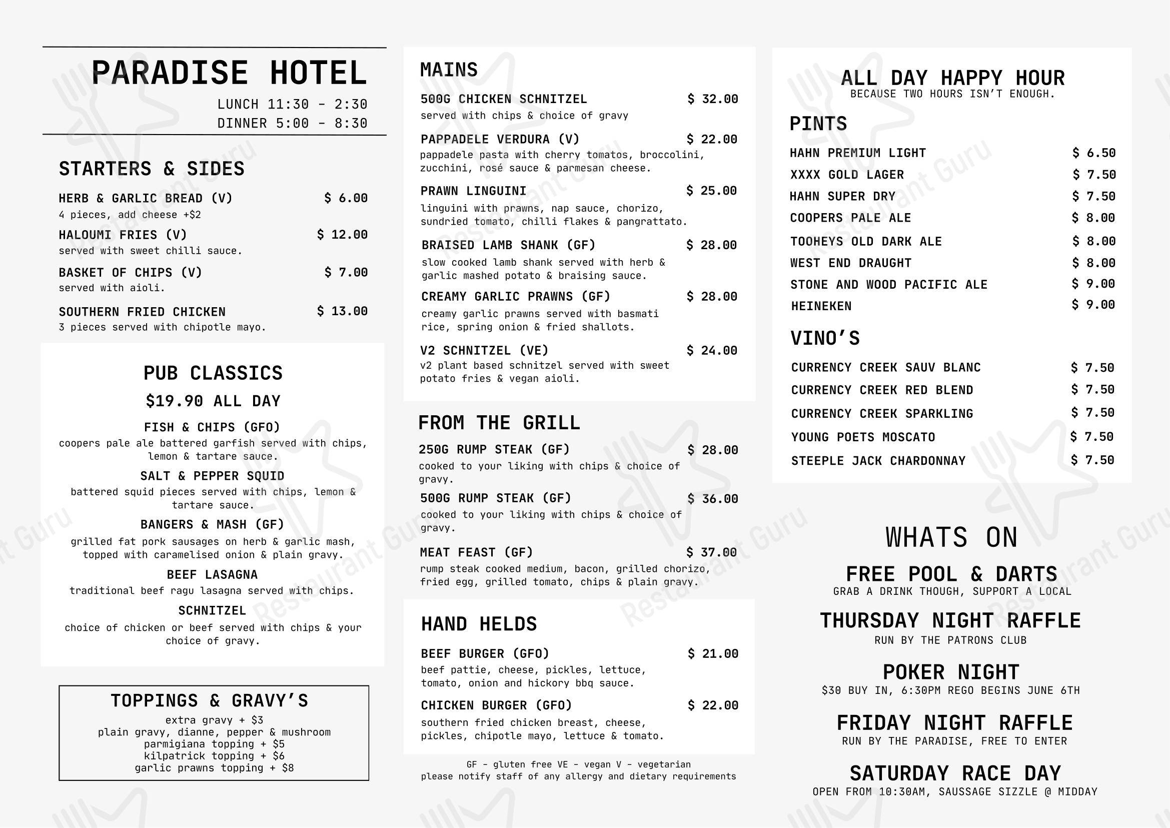 Menu at Paradise Hotel pub & bar, Paradise