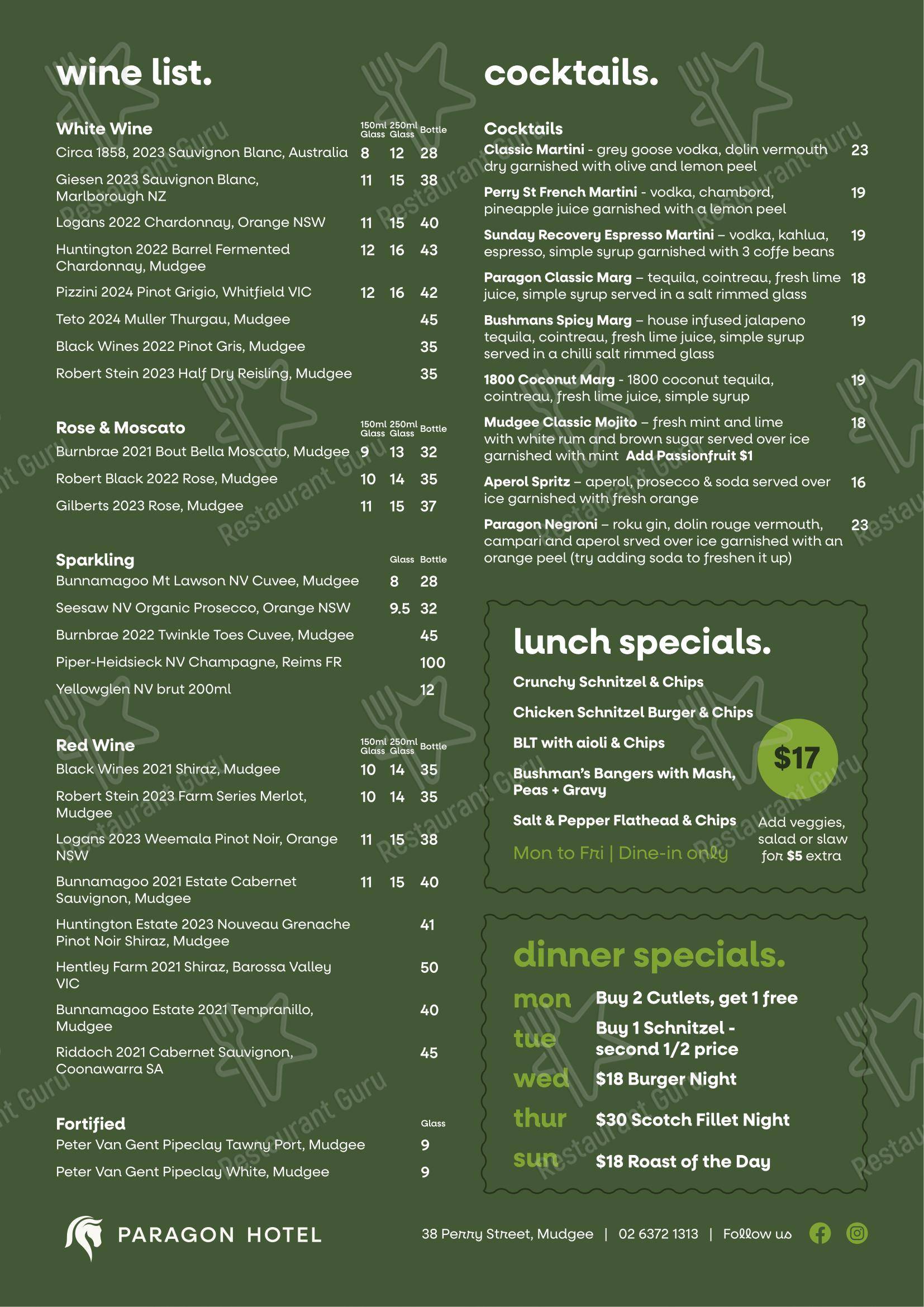 Menu at Paragon Hotel pub & bar, Mudgee