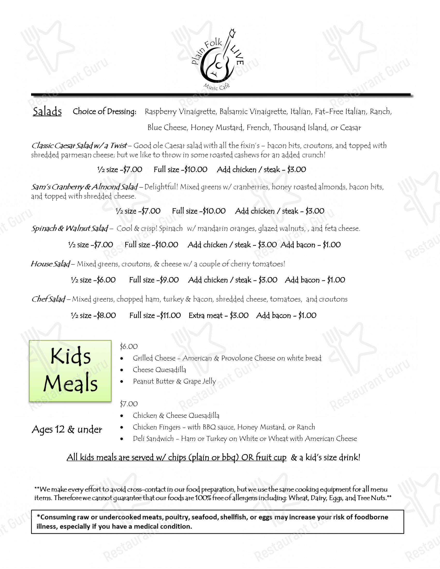 Menu at Plain Folk Live Music Cafe, Pleasant Plain