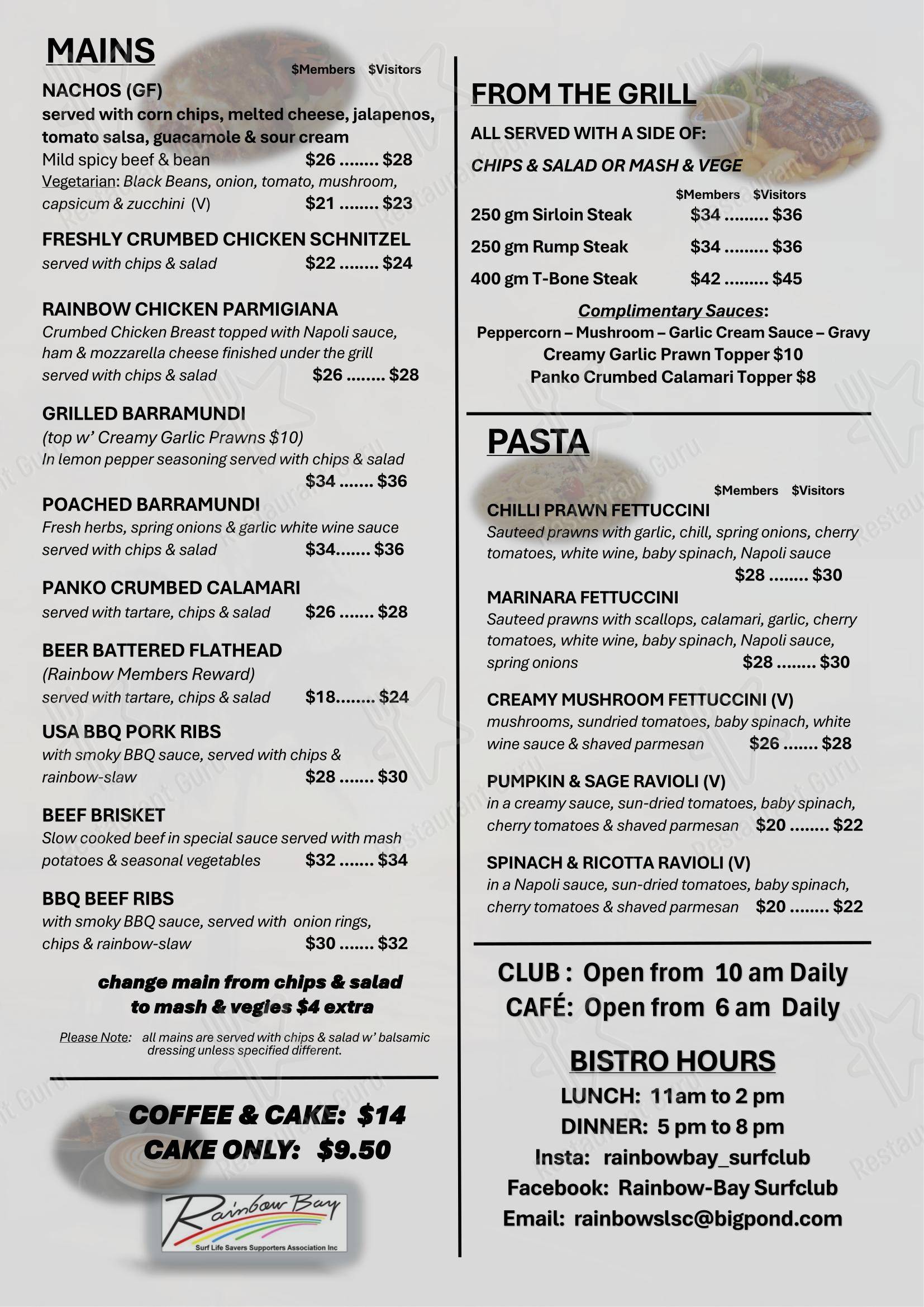 Menu at Rainbow Bay Surf Club Bar, Coolangatta, 2 Snapper Rocks Rd