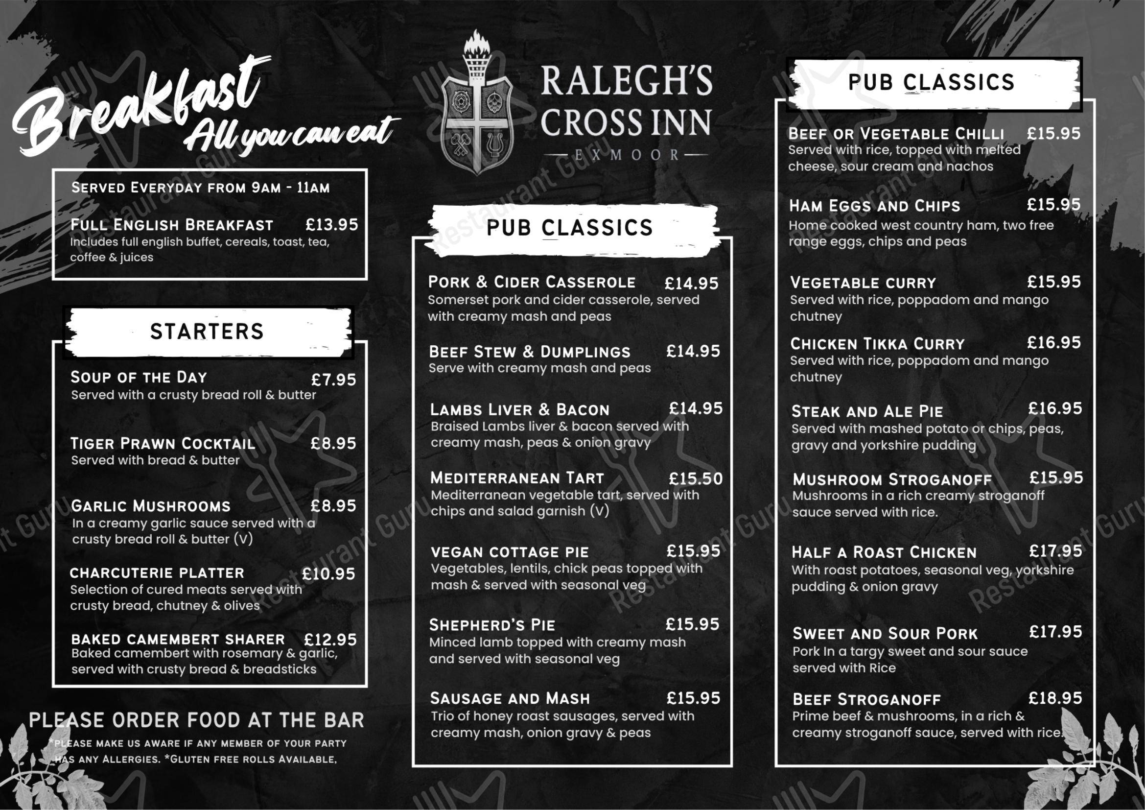Menu at Raleghs Cross Inn pub & bar, England