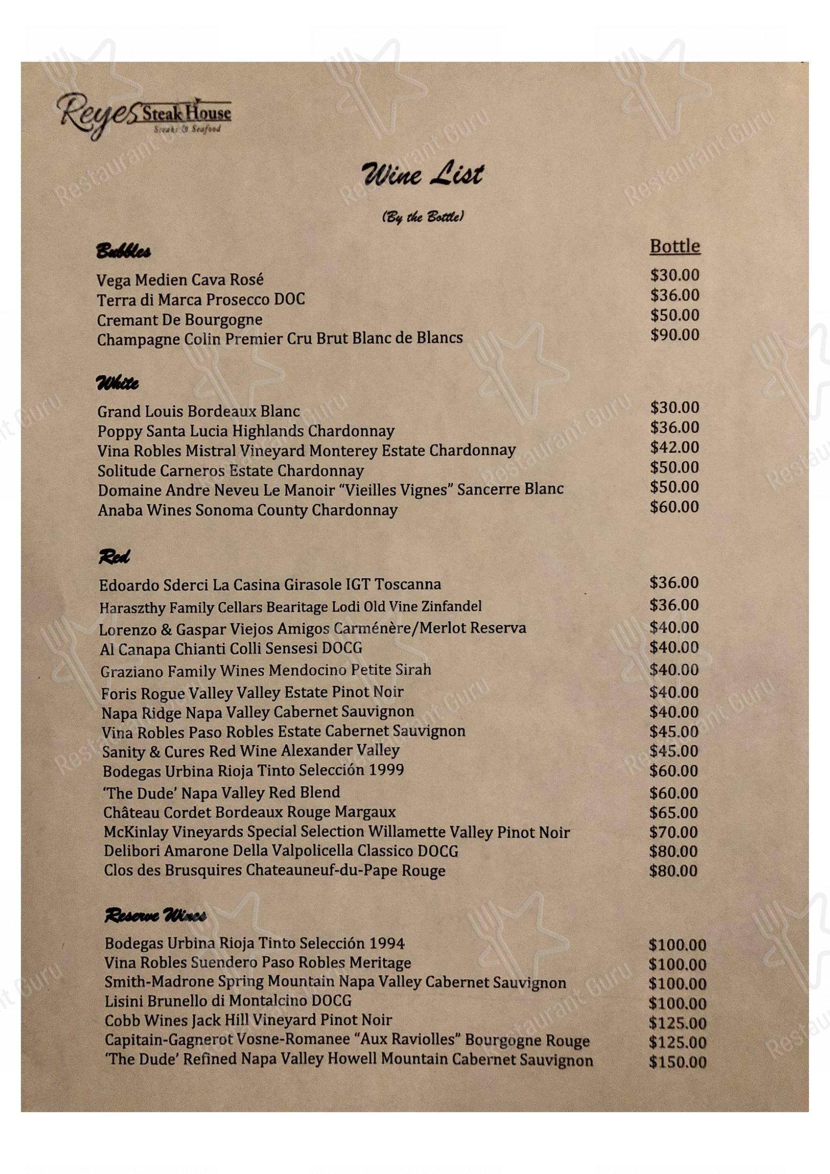 Menu at Reyes Steak House pub & bar, Park Ridge