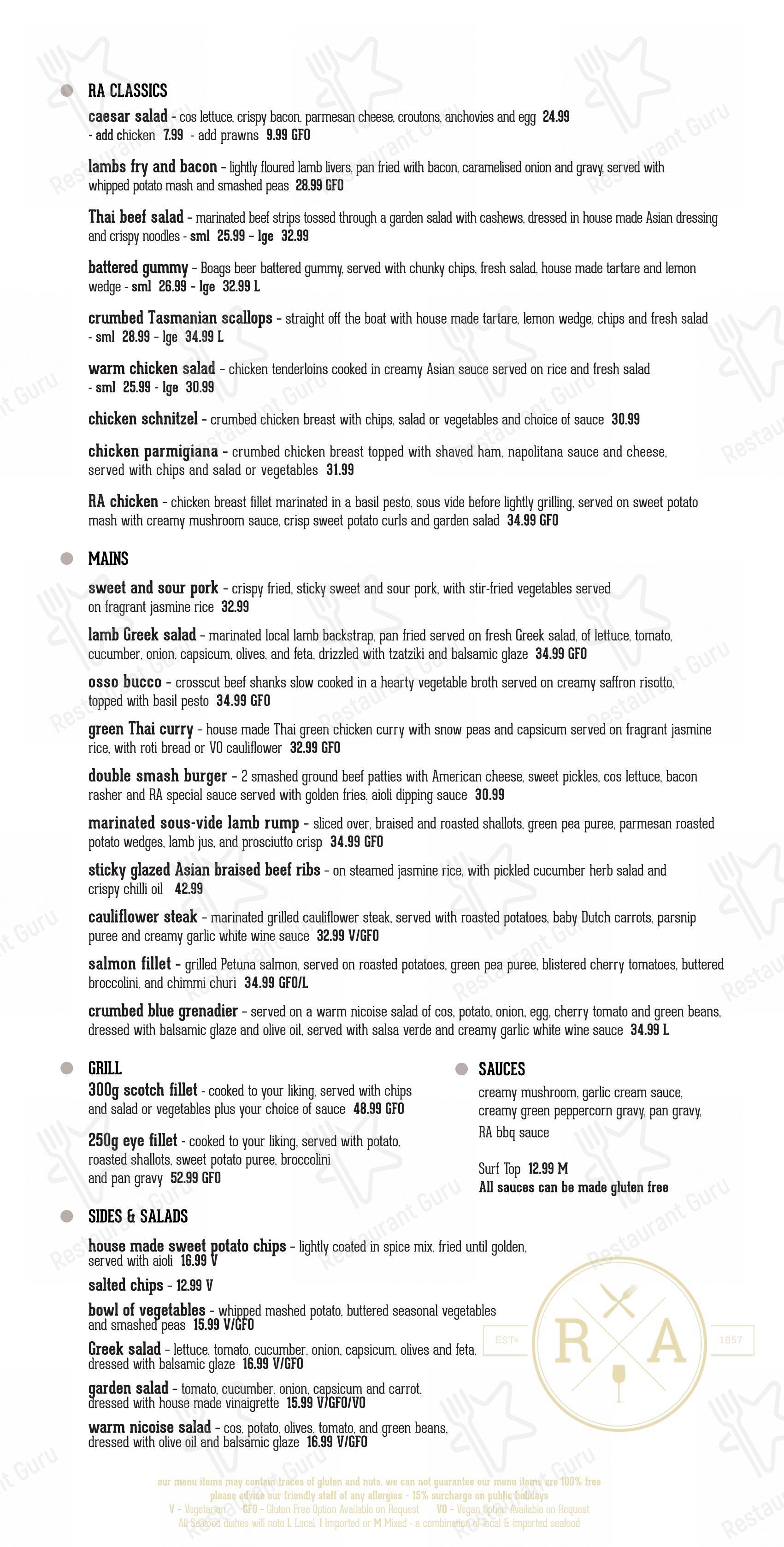 Menu at River Arms Hotel restaurant, Ulverstone