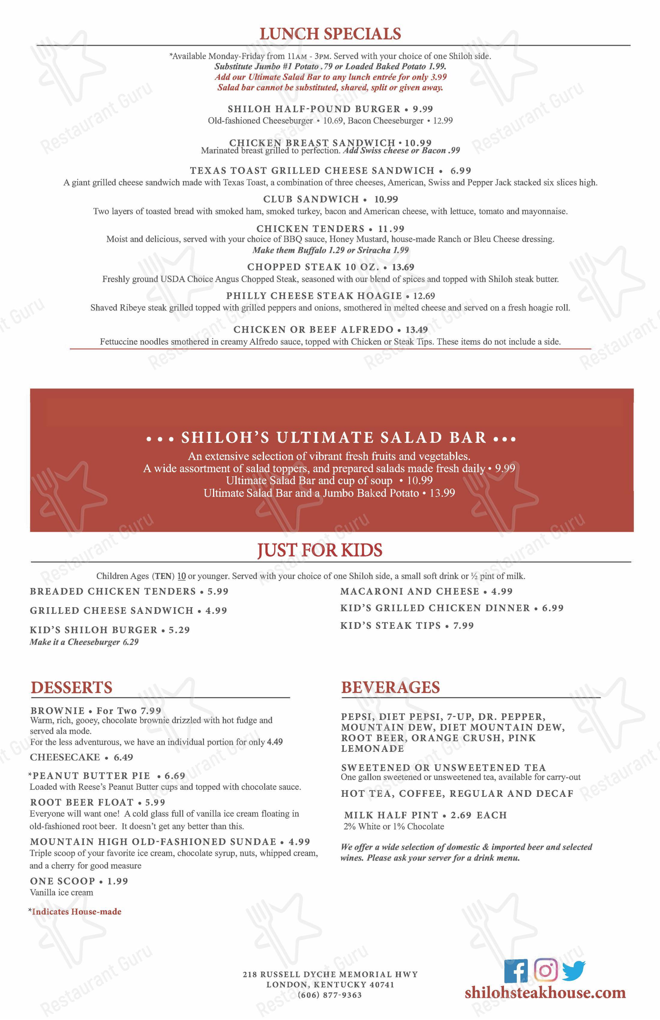 Menu at Shiloh Express steakhouse, London