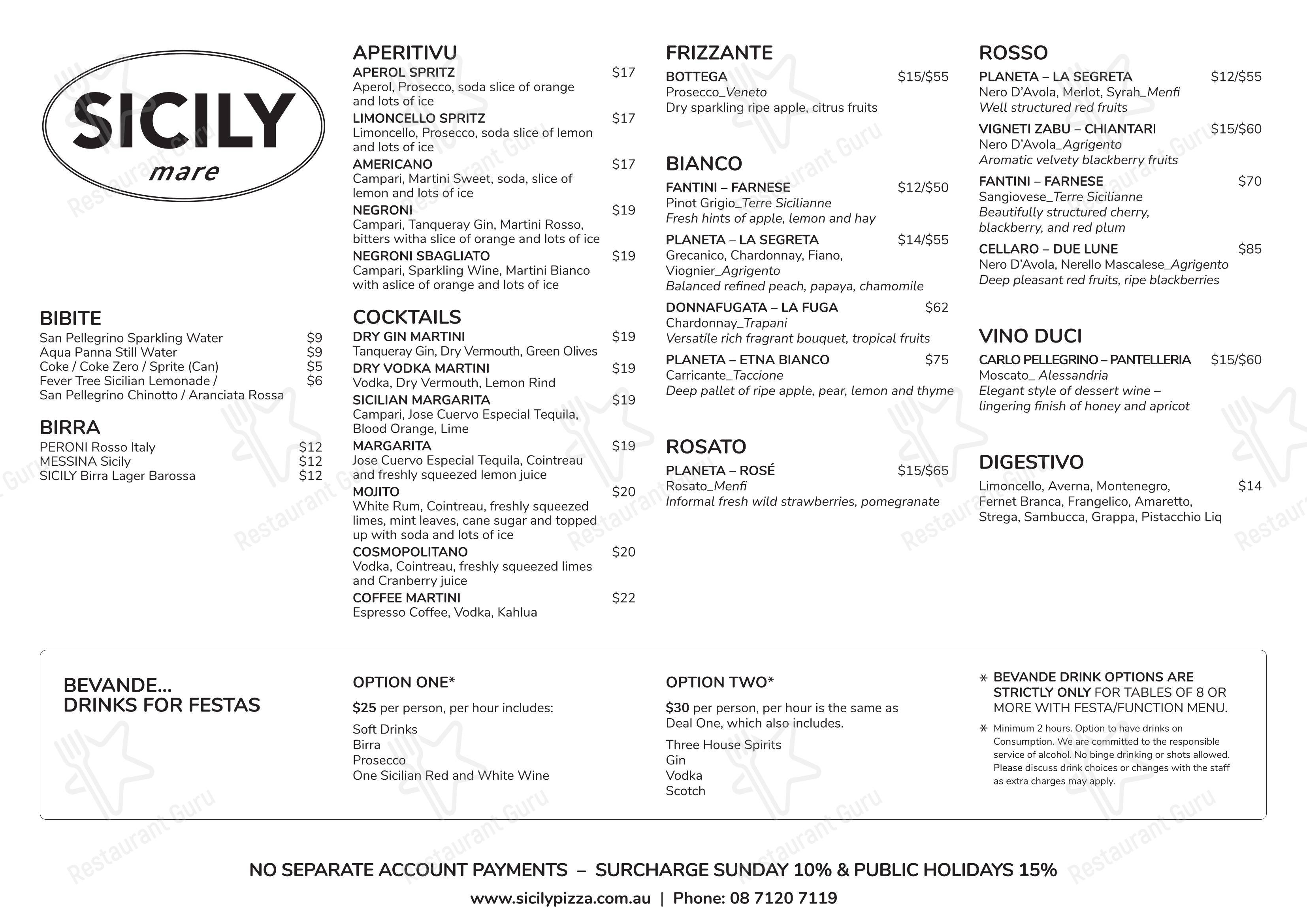 Menu at Sicily Pizzeria e Bar, Adelaide