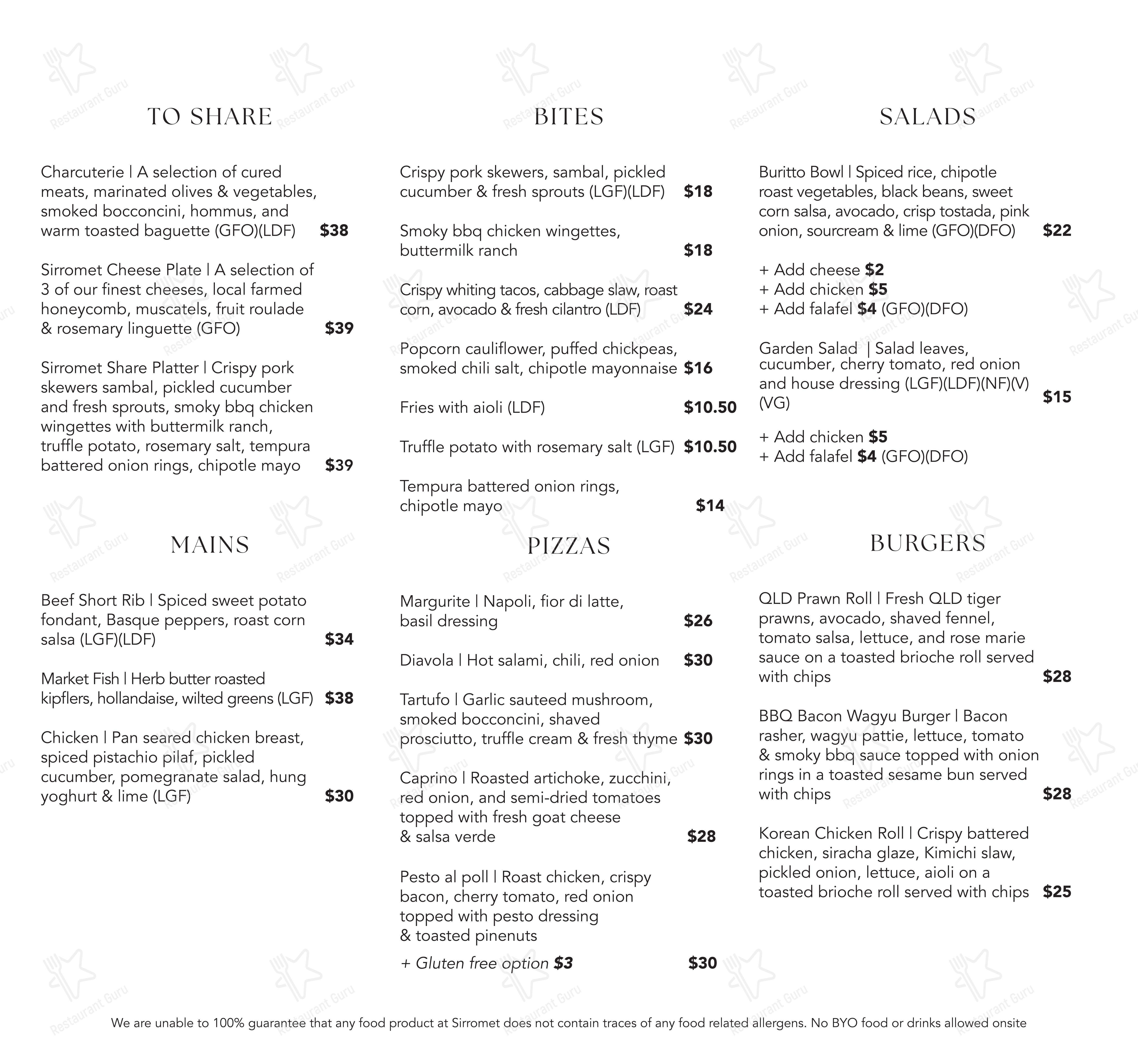 Menu at Sirromet Winery pub & bar, Australia, 850-938 Mount Cotton Rd