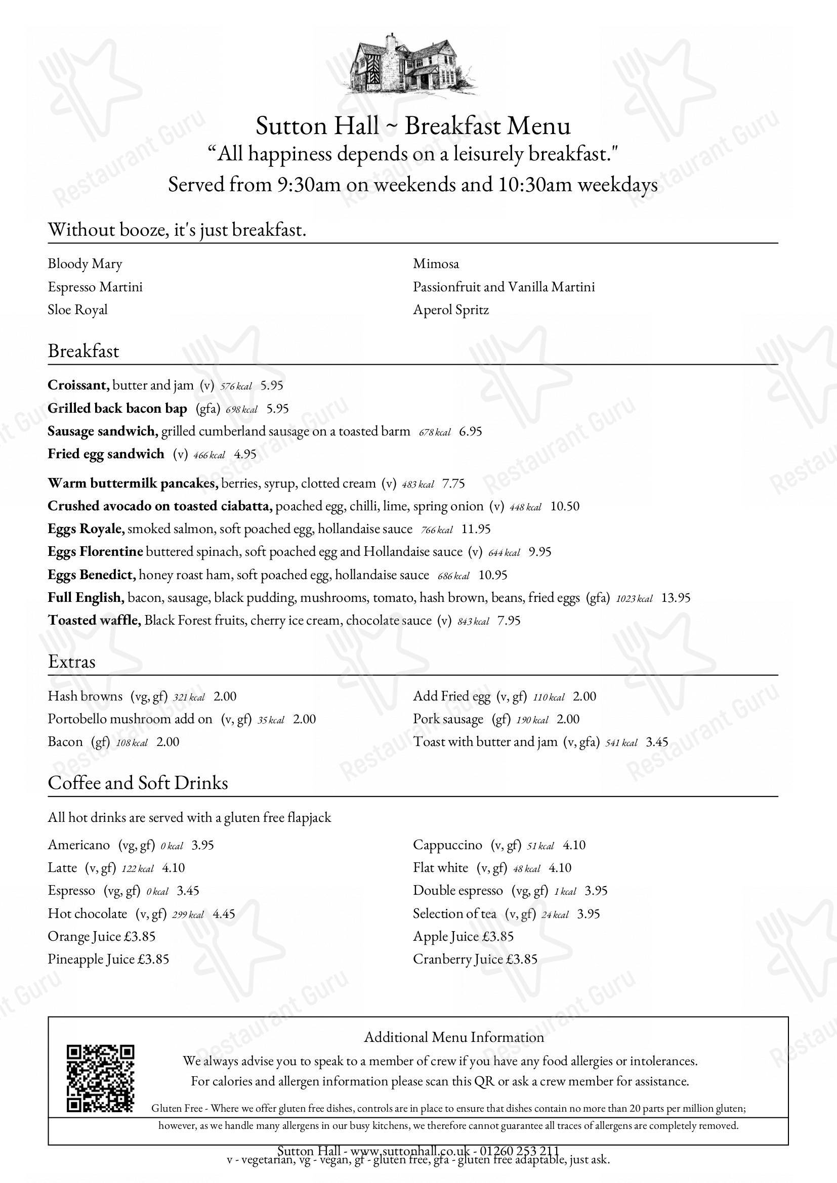 Menu at Sutton Hall pub & bar, Macclesfield