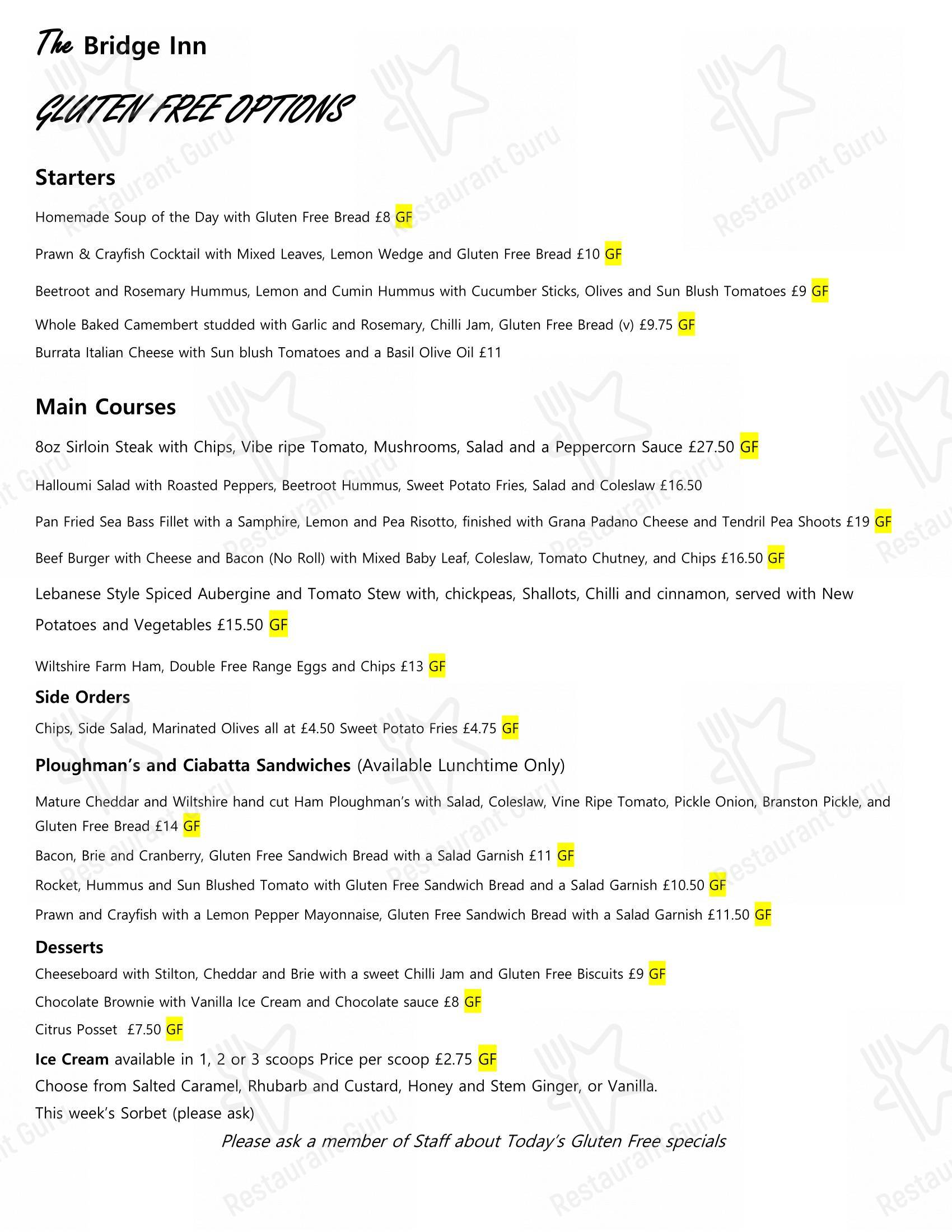 Menu at The Bridge Inn pub & bar, Arundel