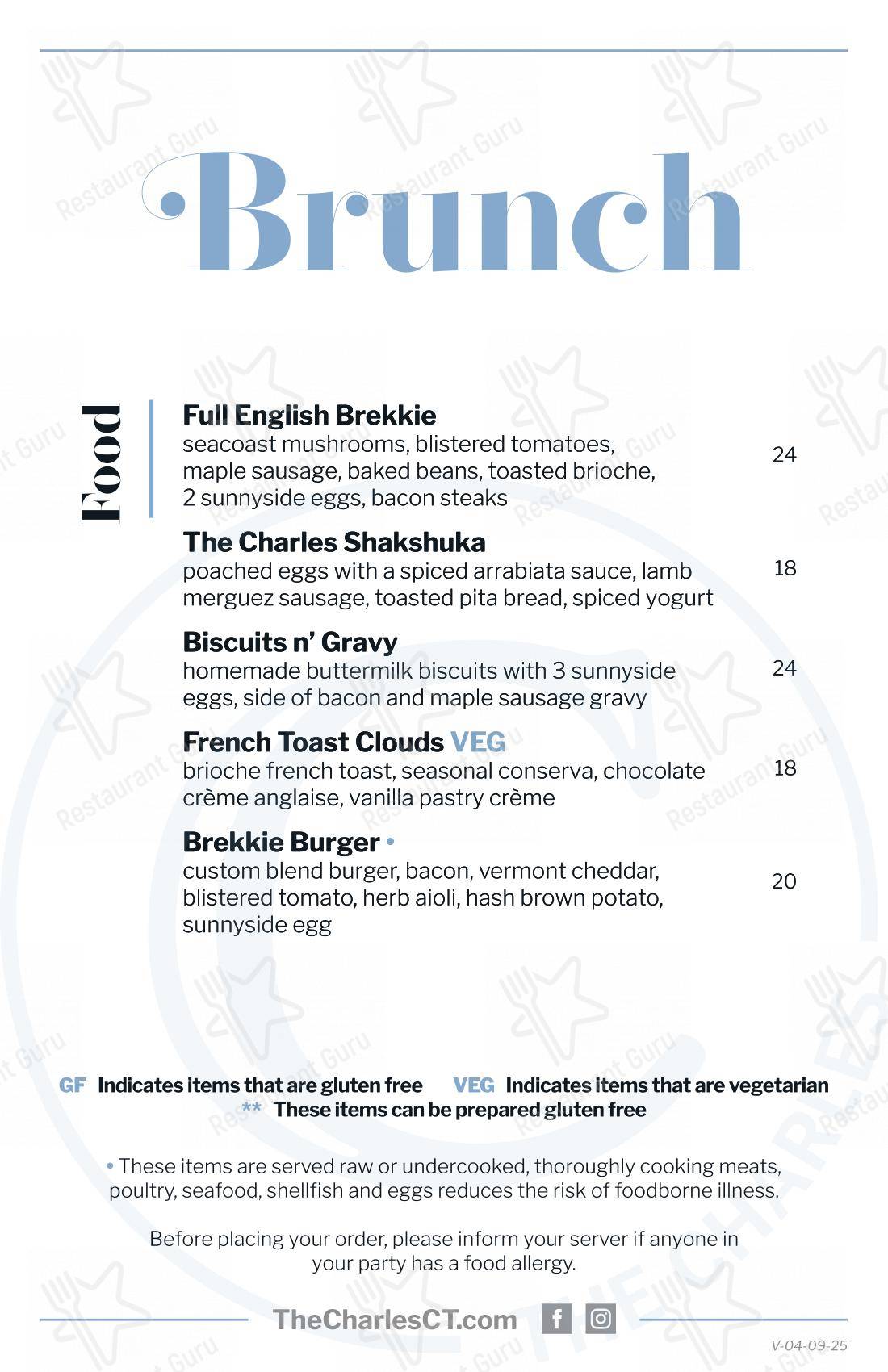 Menu at The Charles restaurant, Wethersfield