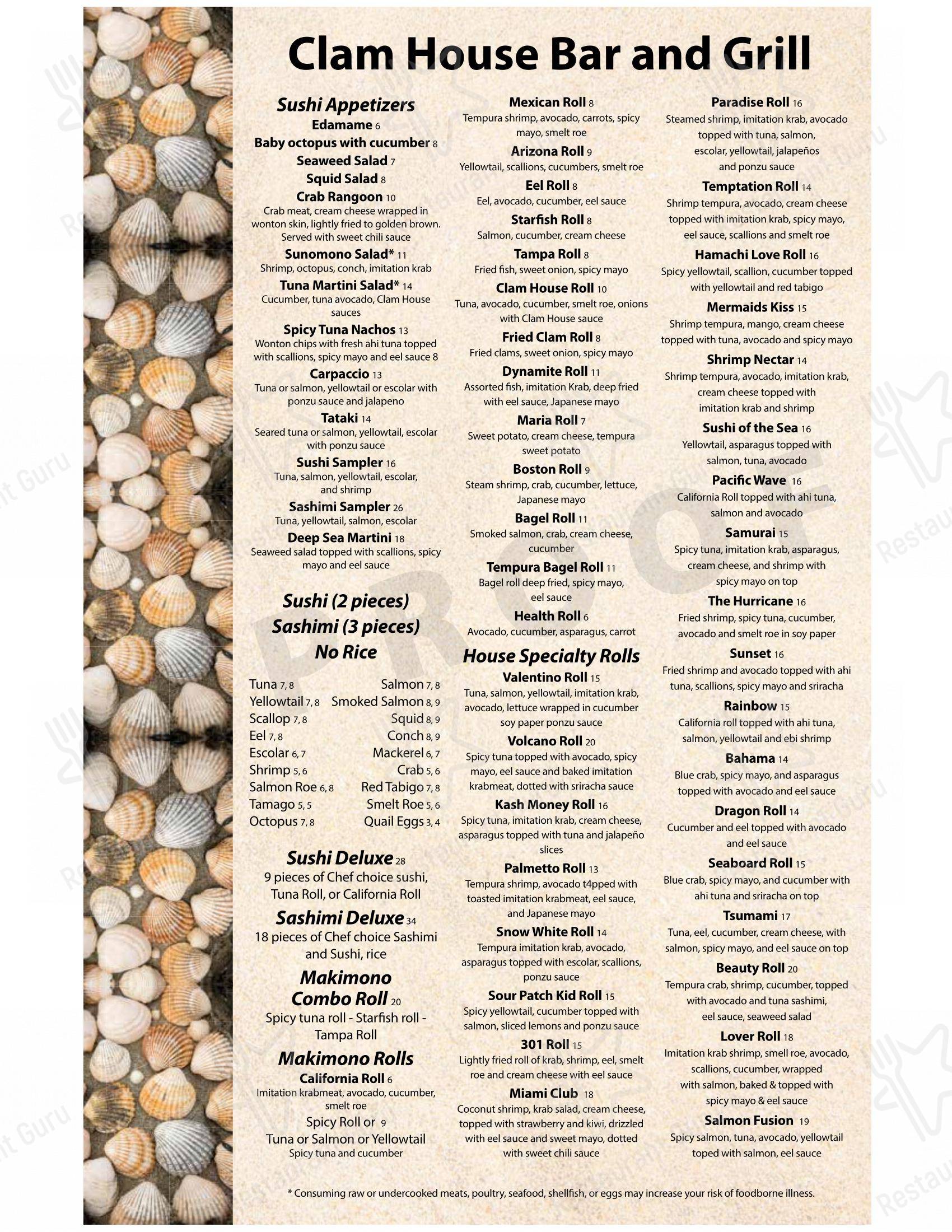 Menu at The Clam House Bar & Grill, Palmetto