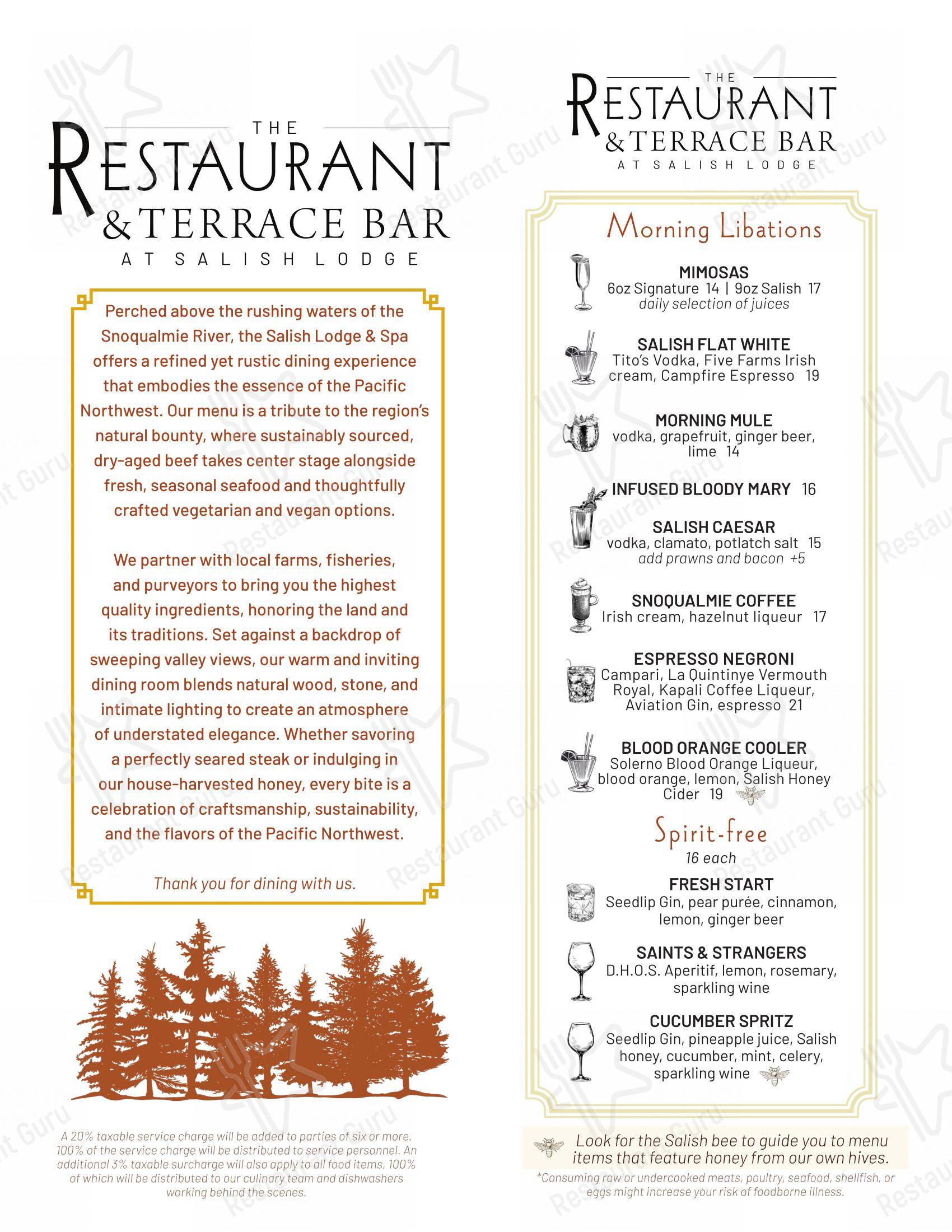 Menu at The Restaurant & Terrace Bar at Salish Lodge, Snoqualmie