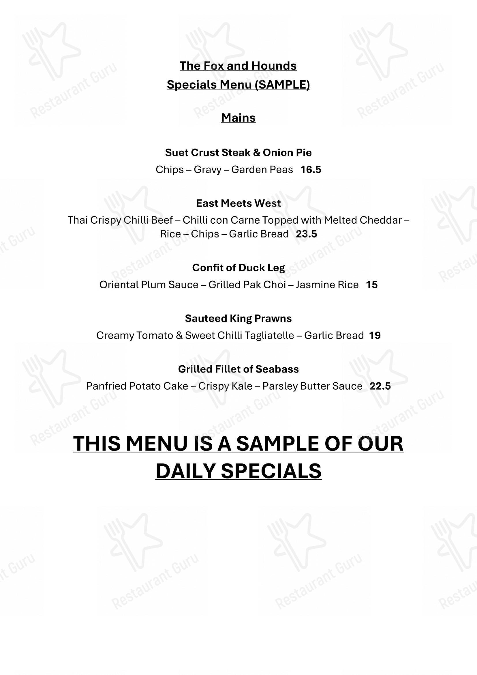 Menu at The Fox and Hounds pub & bar, Shawbury
