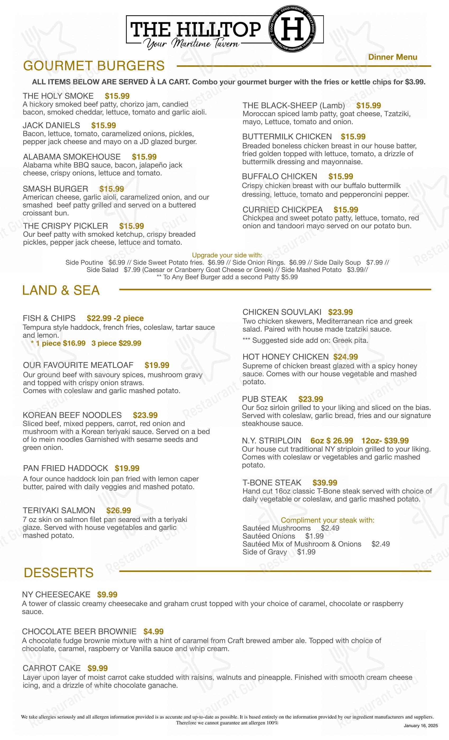 Menu at The Hilltop Maritime Tavern pub & bar, Fredericton