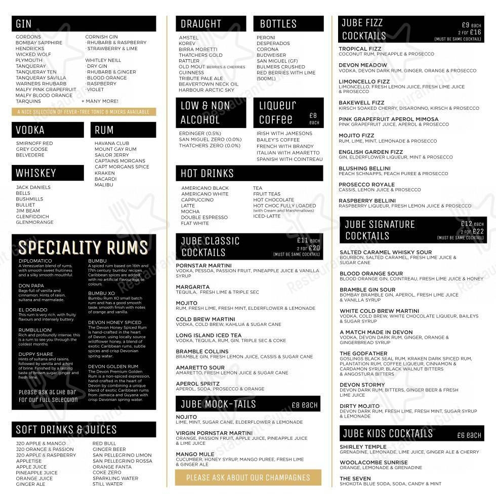 Menu at The Jube pub & bar, Woolacombe