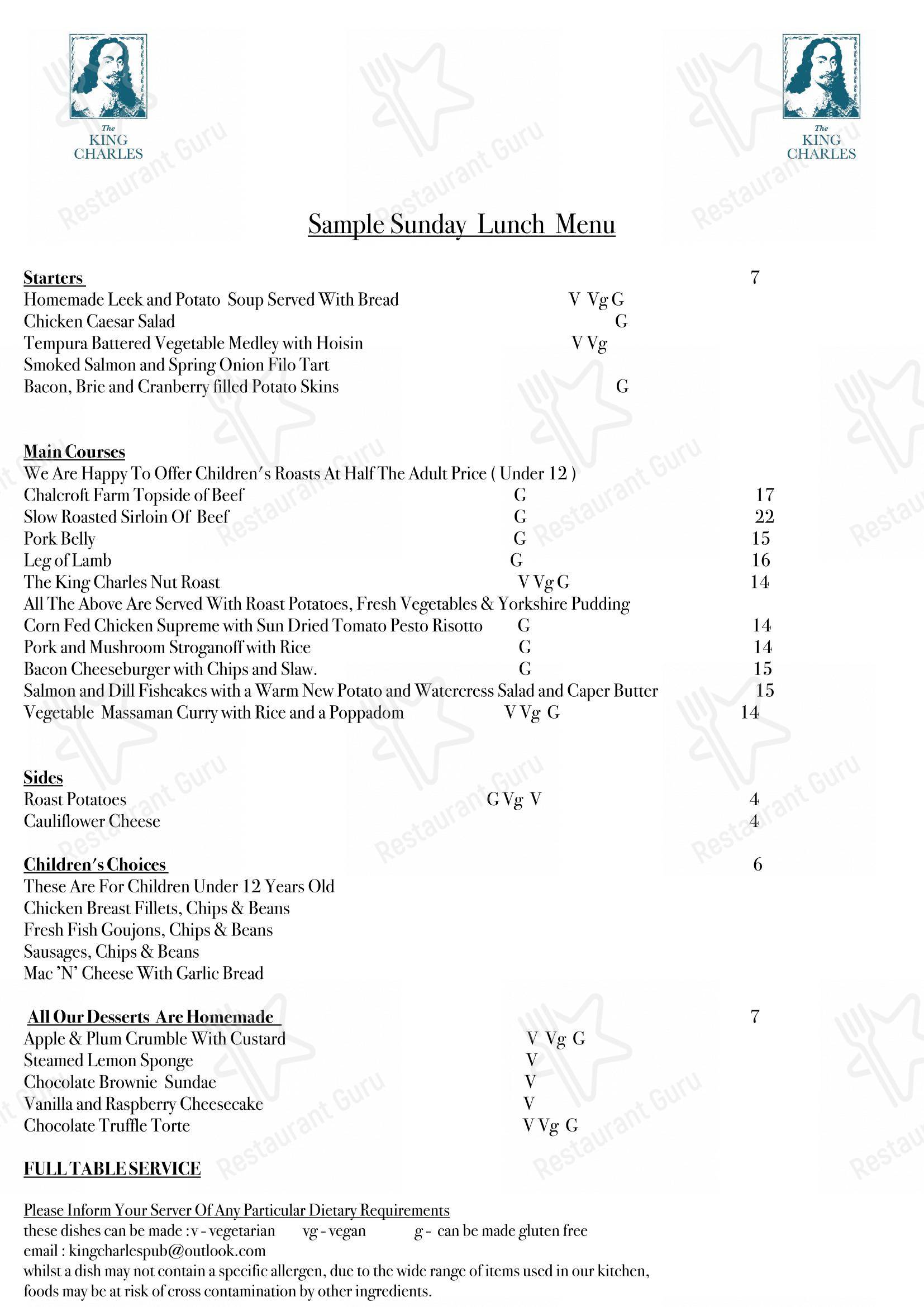 Menu at The King Charles pub & bar, Kings Worthy