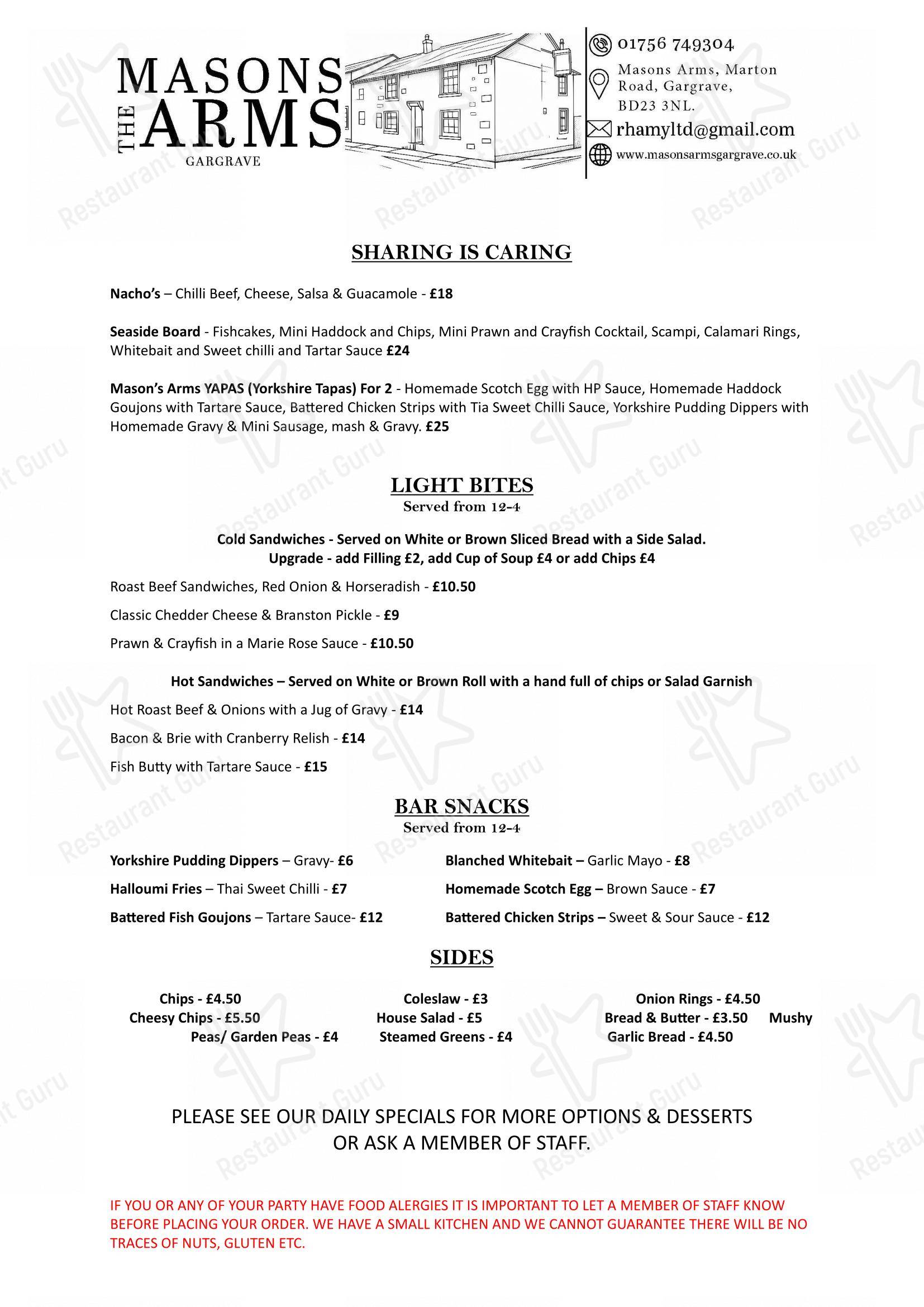 Menu at The Masons Arms pub & bar, Gargrave