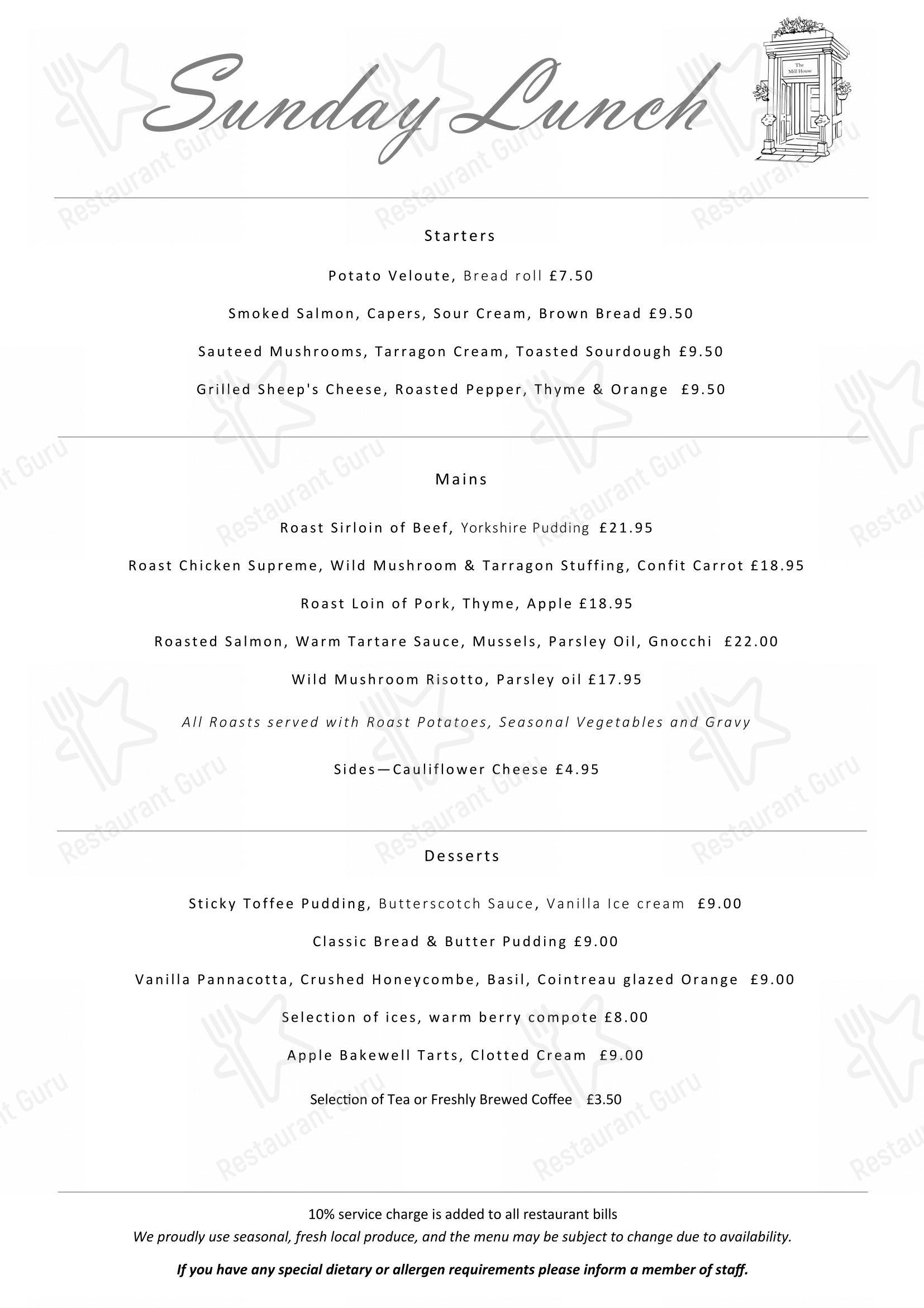 Menu at The Mill House restaurant, Reading