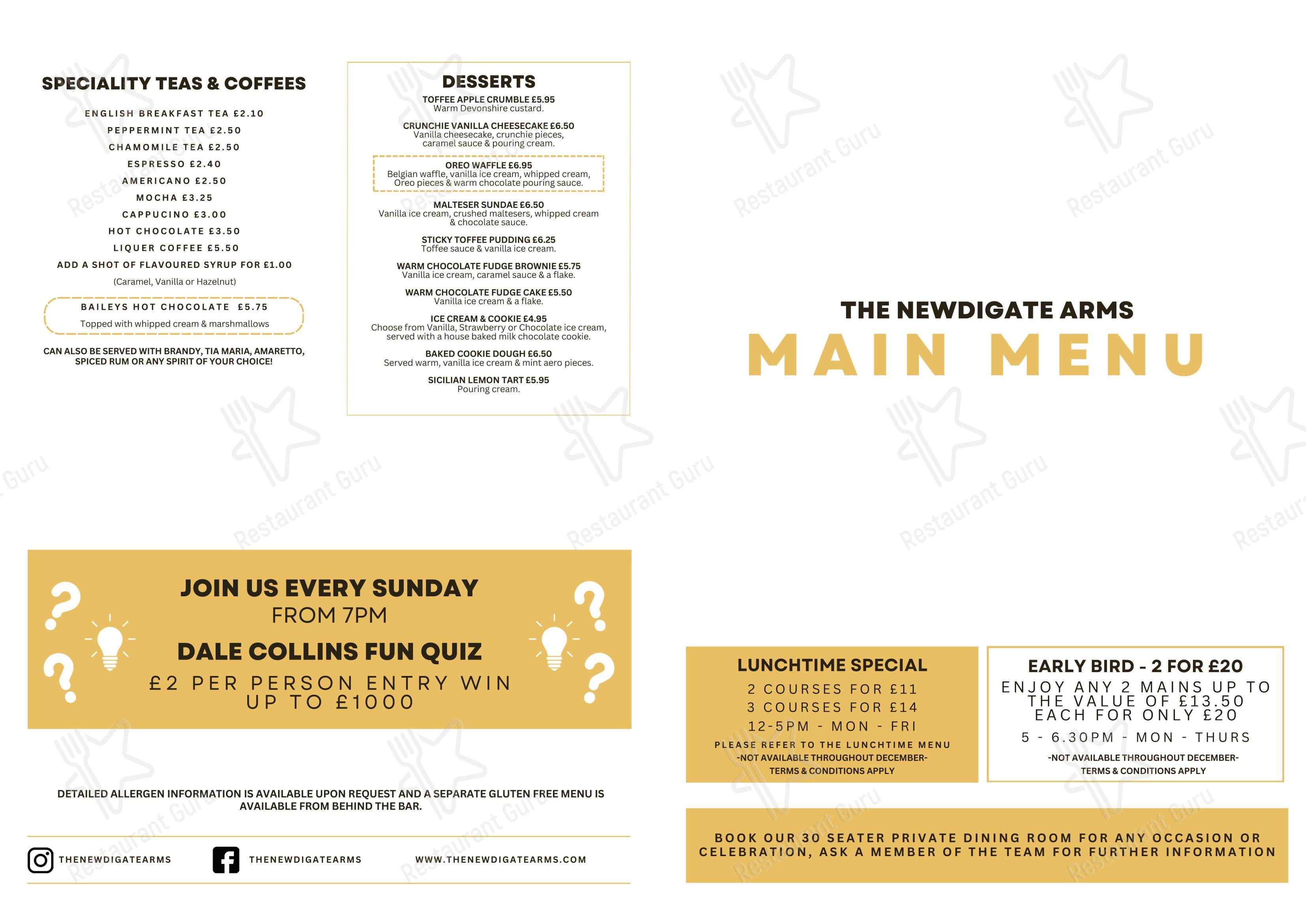 Menu at The Newdigate Arms pub & bar, Bedworth