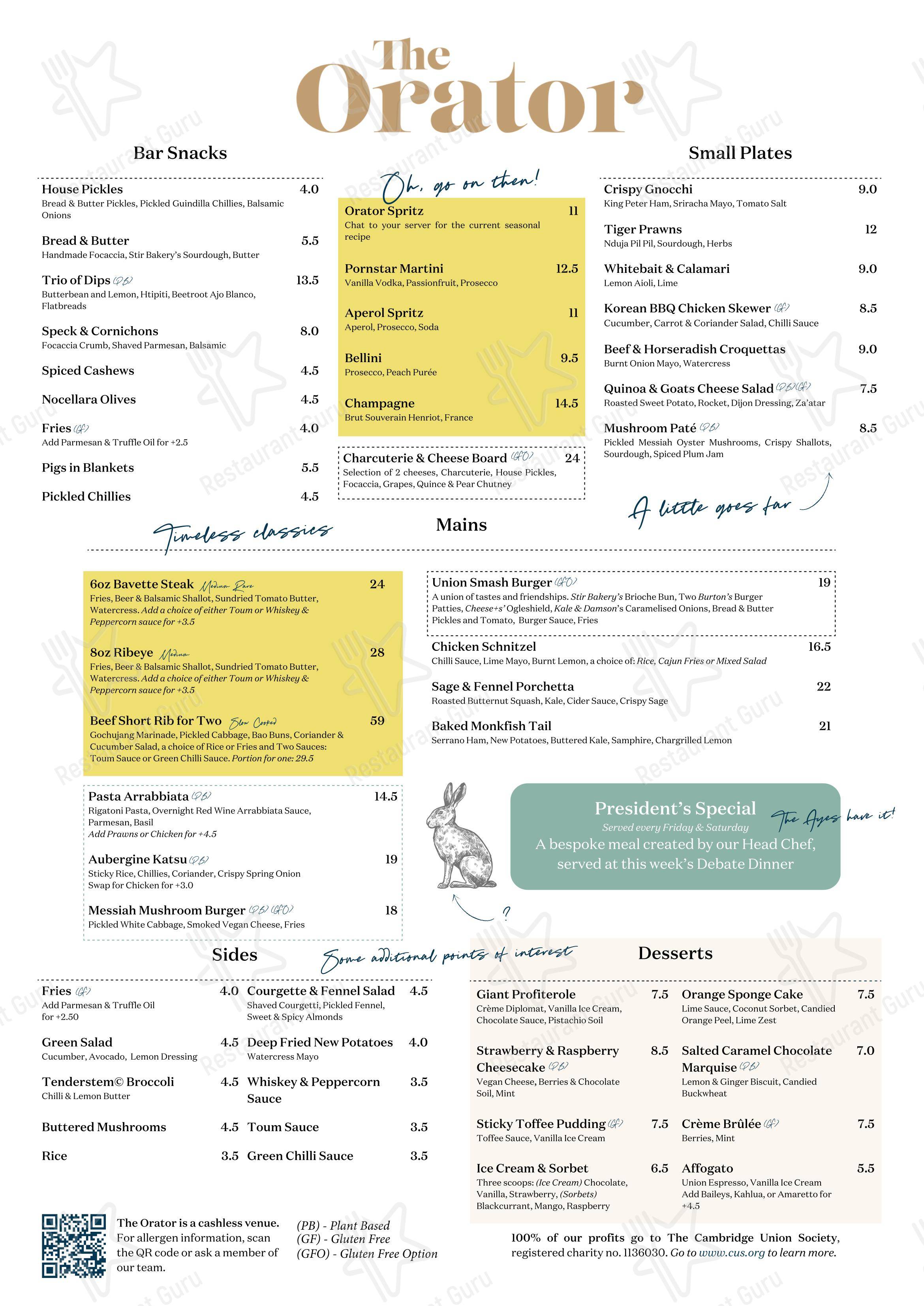 Menu at The Orator restaurant, Cambridge