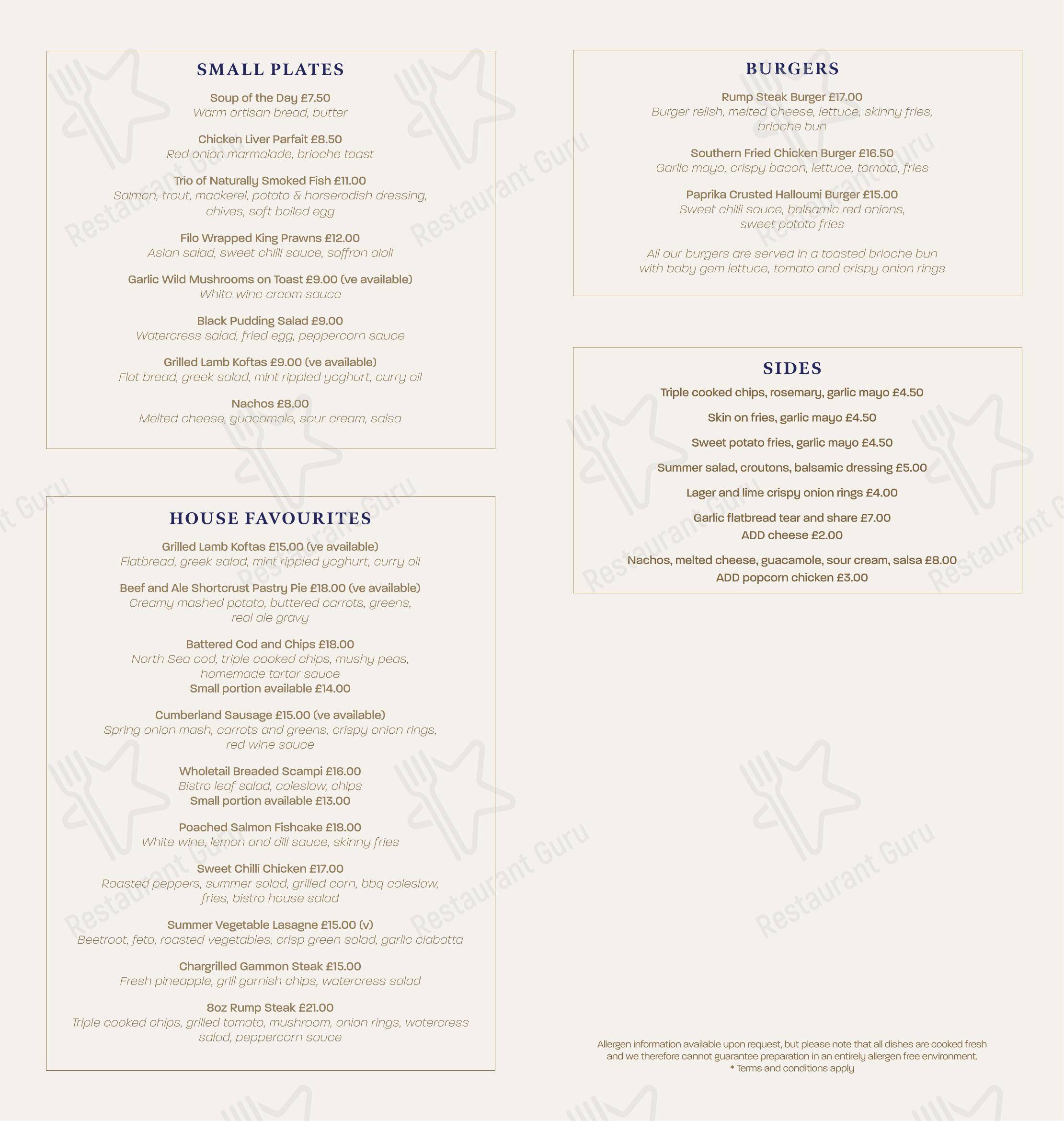 Menu at The Ridley Arms restaurant, Stannington