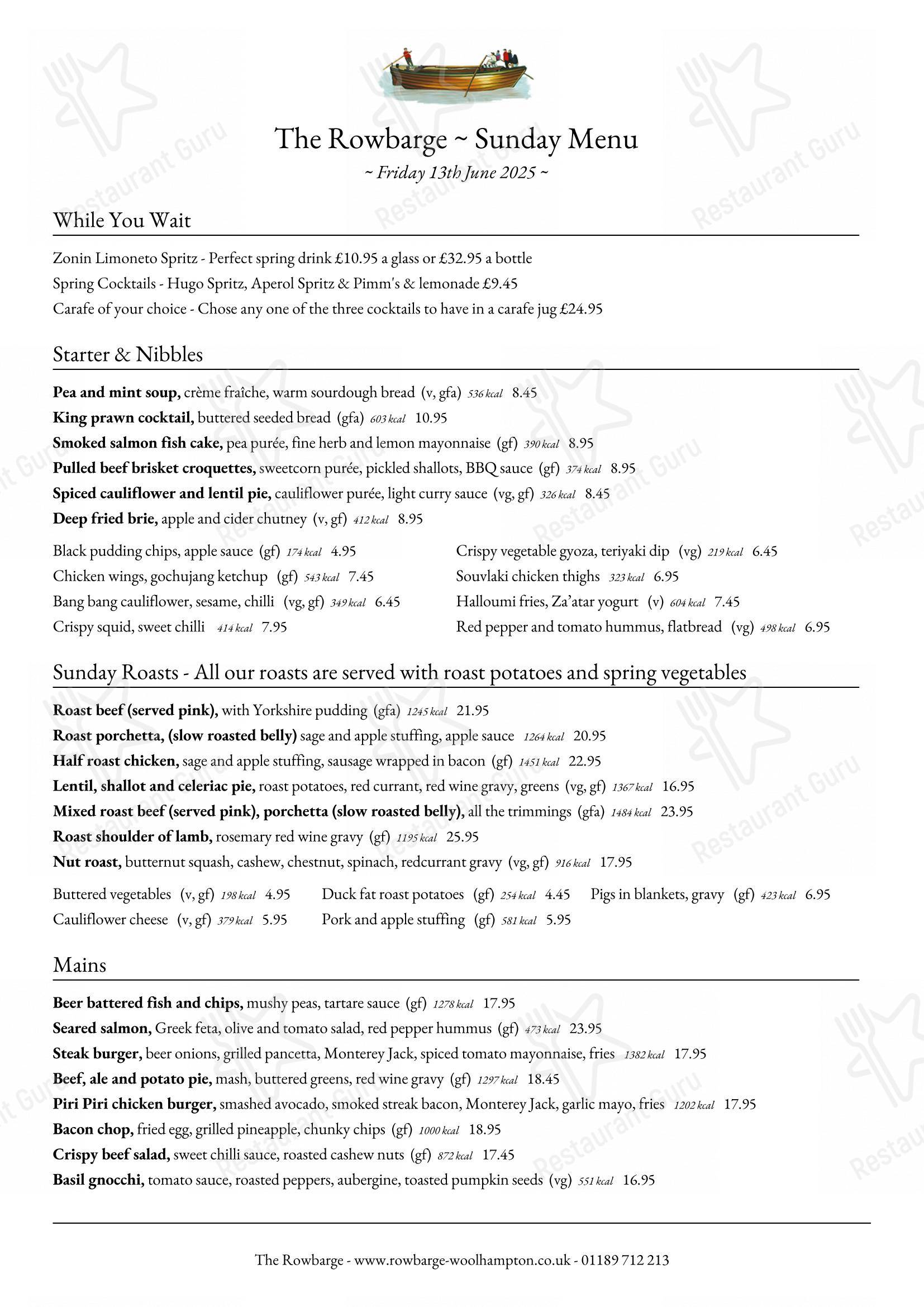 Menu at The Rowbarge, Aldermaston