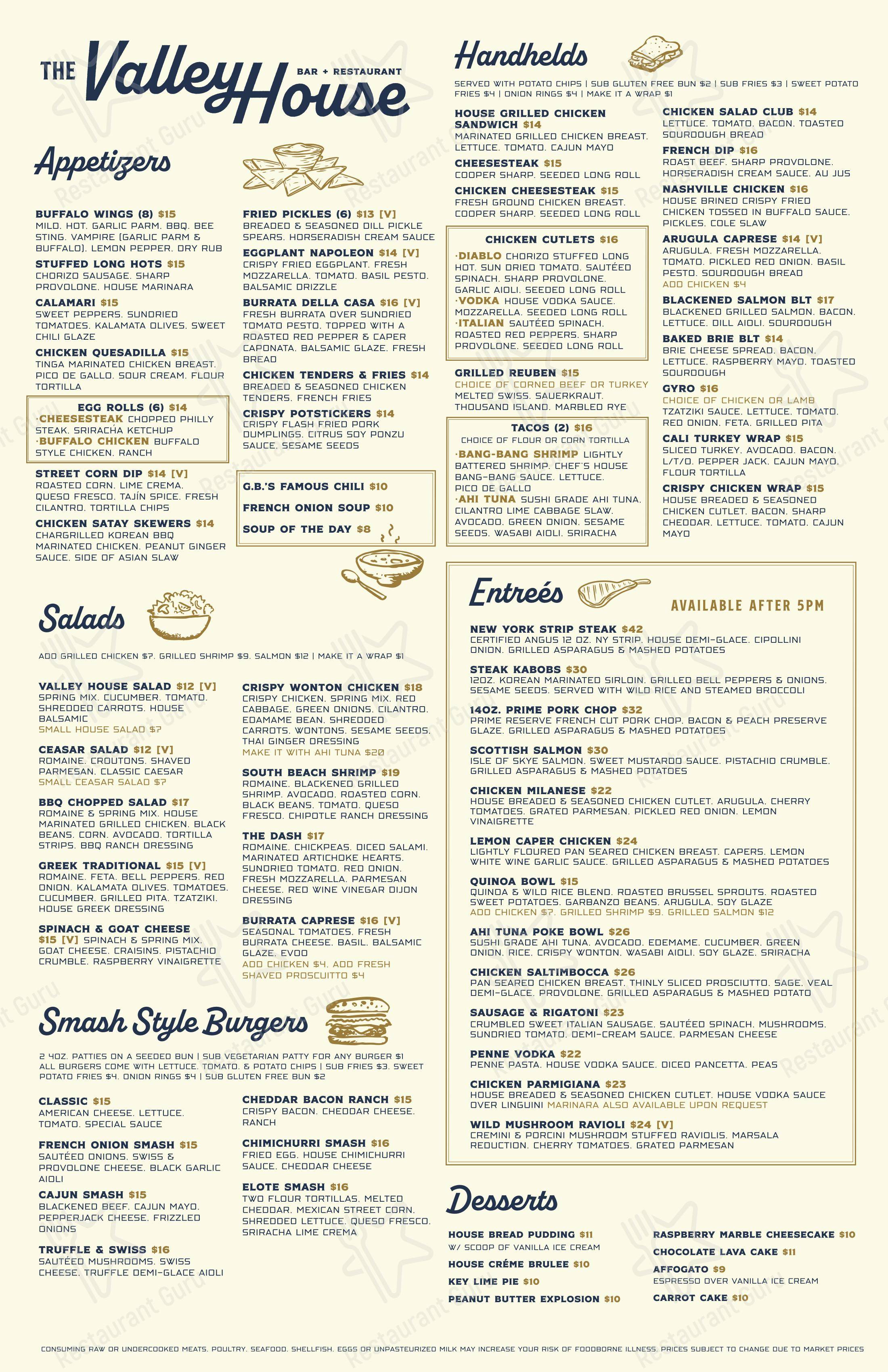 Menu at The Valley House Bar & Restaurant, Paoli