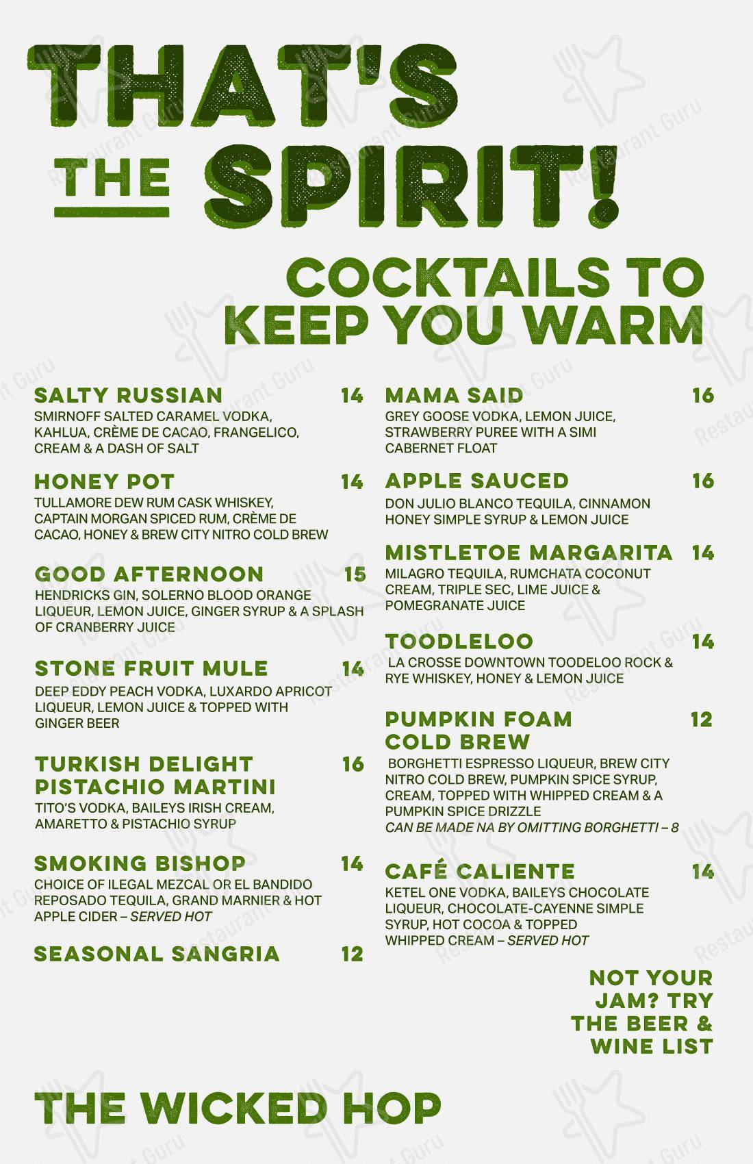 Menu at The Wicked Hop pub & bar, Milwaukee