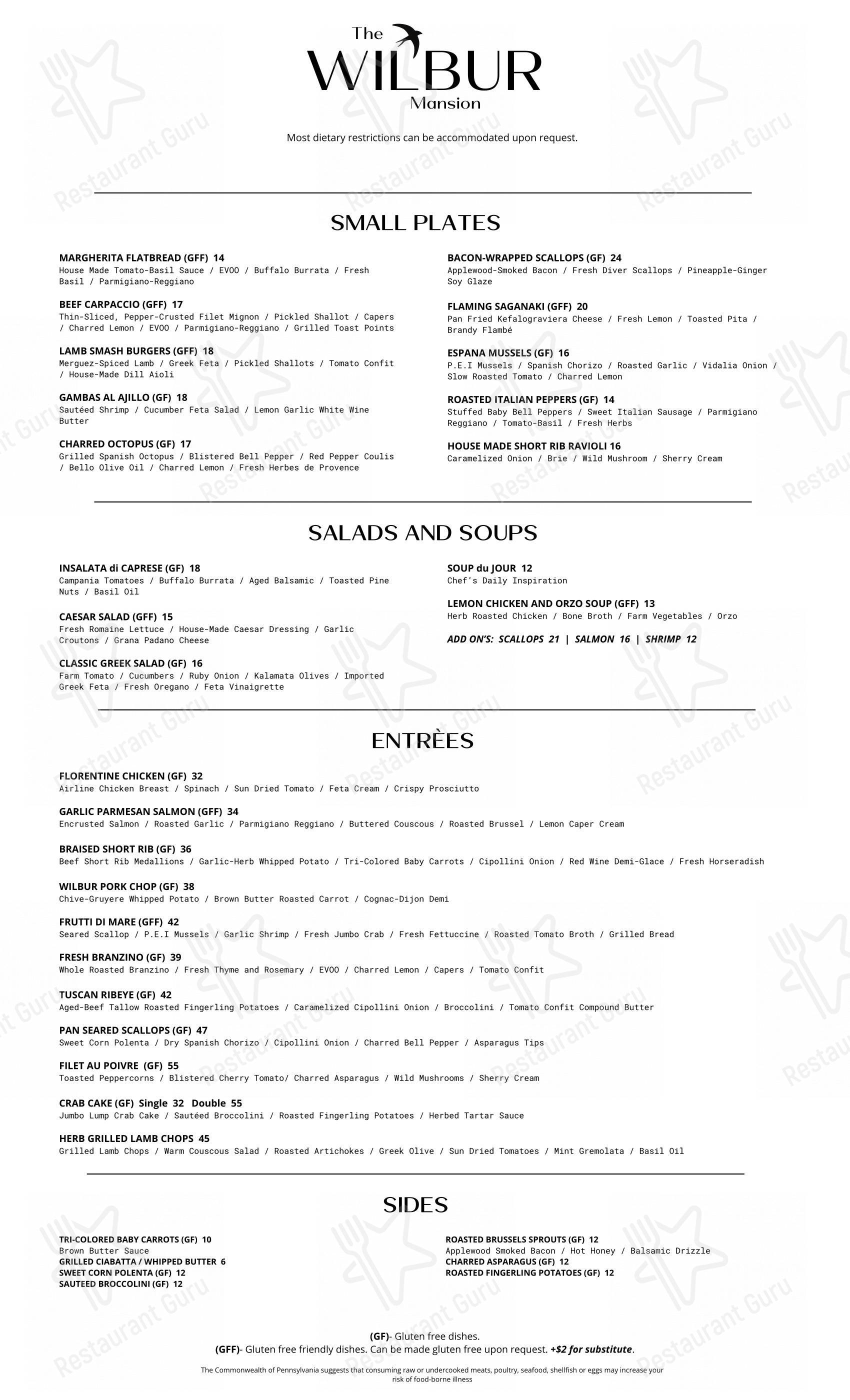 Menu at The Wilbur Mansion pub & bar, Bethlehem, 201 Cherokee St