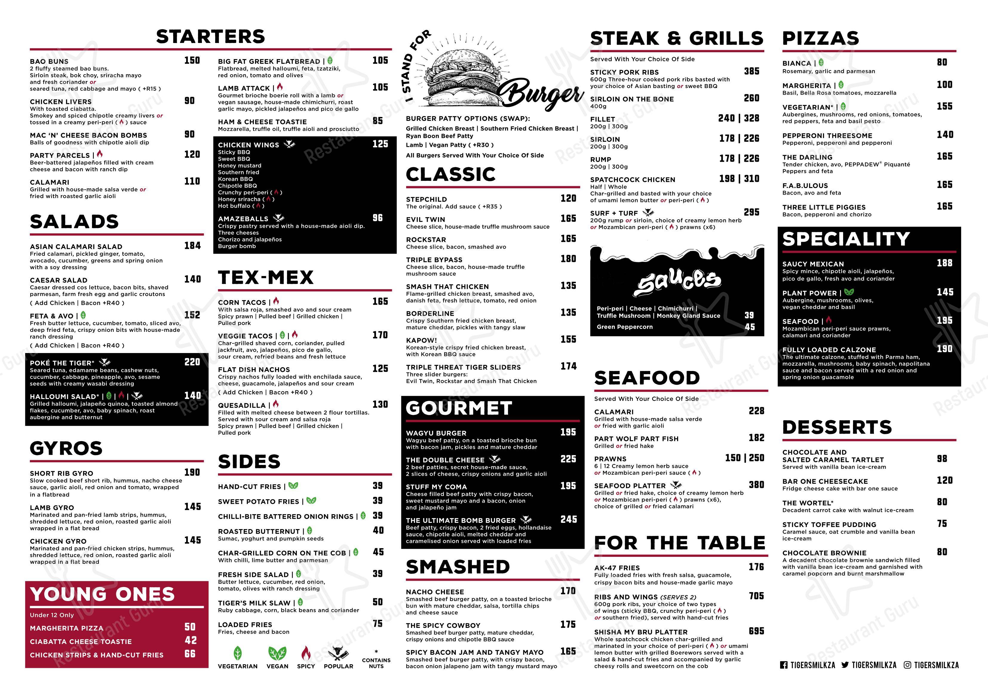 Menu at Tiger's Milk Long Street restaurant, Cape Town, 44 Long St