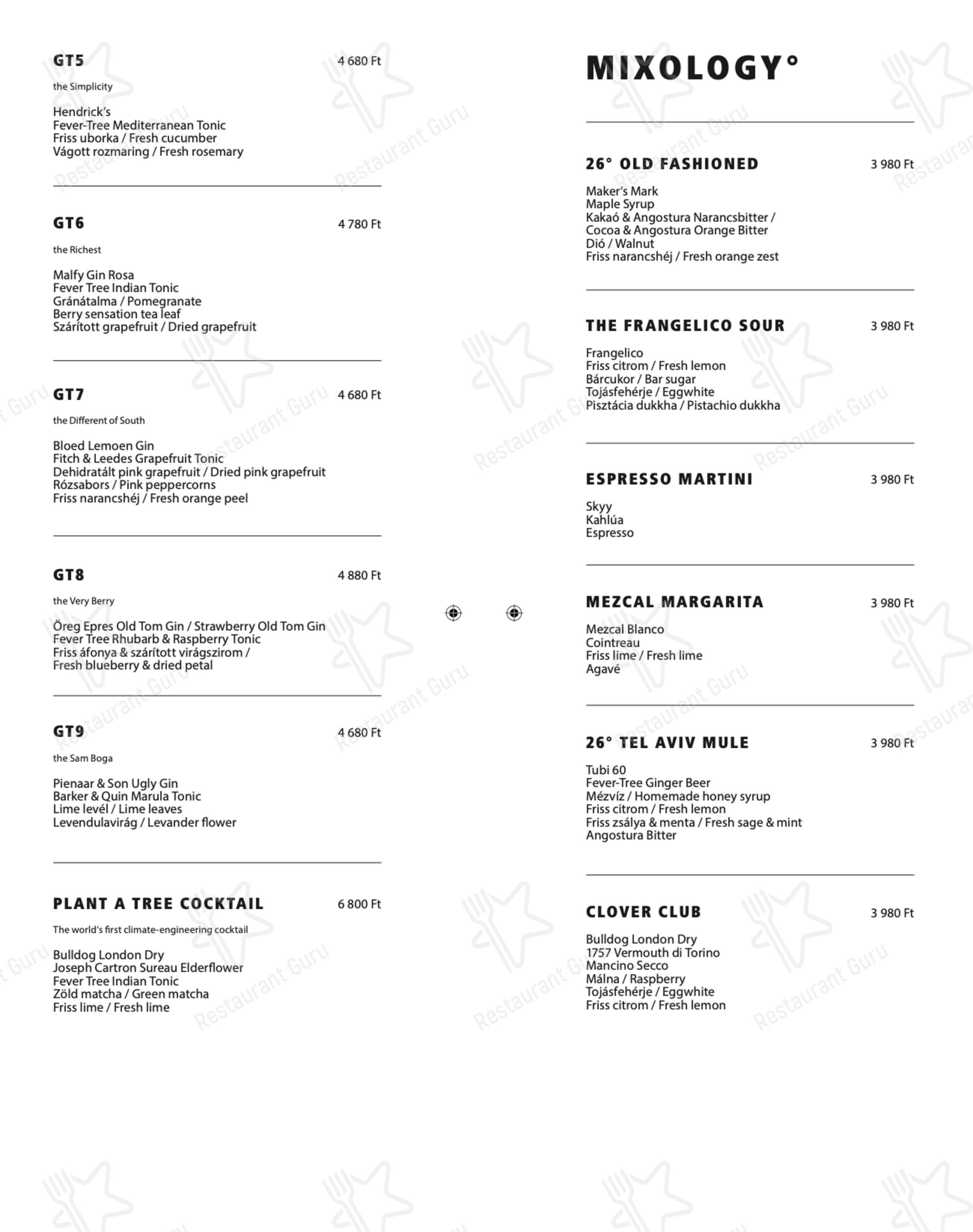 Menu at Twentysix Budapest Restaurant, Budapest